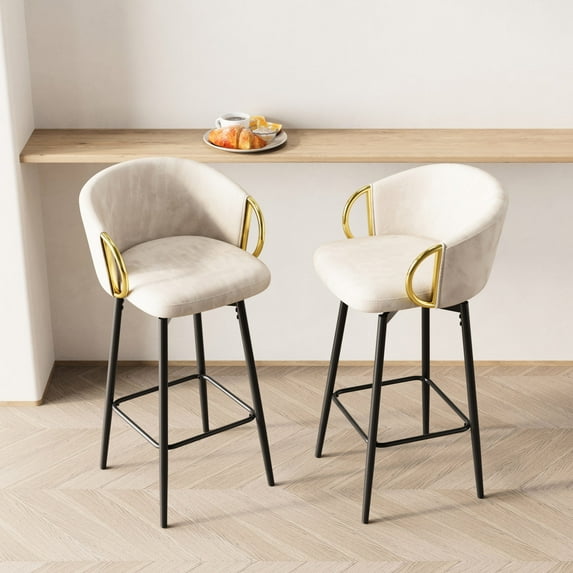 2-Piece Velvet Bar Chairs, 360° Swivel, Simple Design, Beige+Black ...