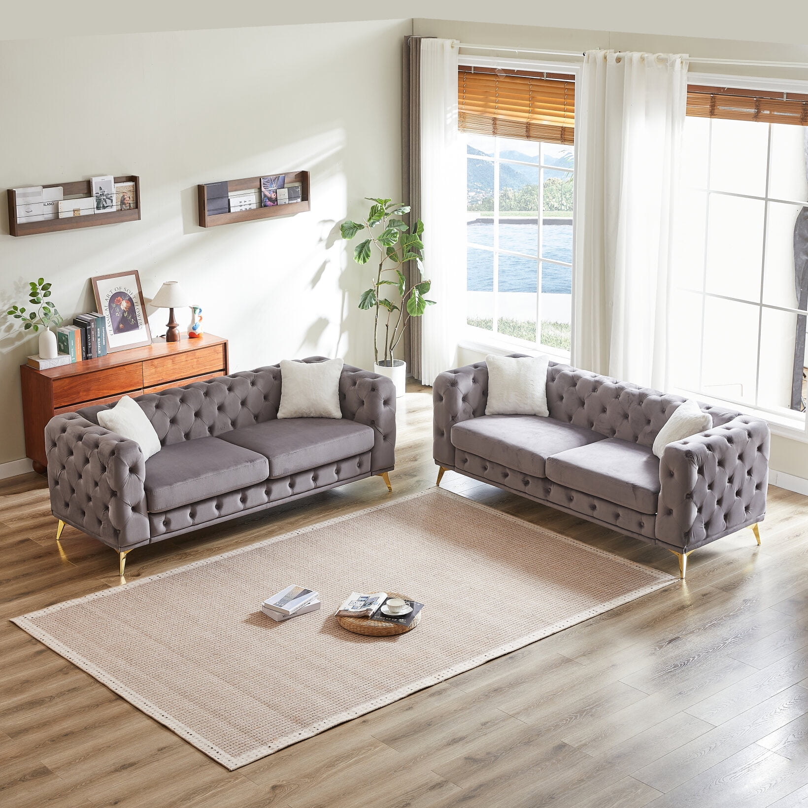 2 Piece Velvet Chesterfield Sofa Set with Gold Legs, Loveseat Sofa Set ...