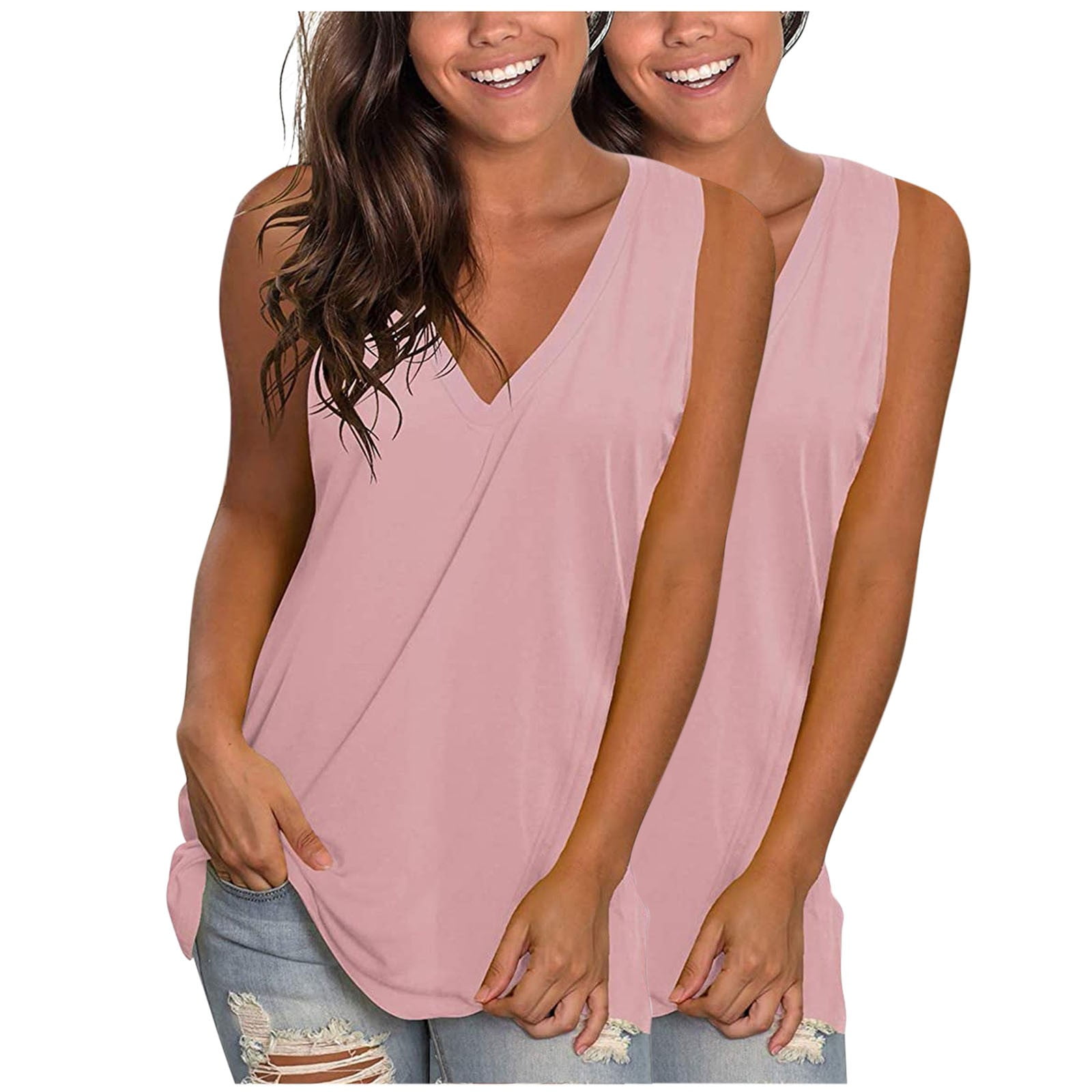 2 Piece Vest Tops for Women Loose Fit Casual V Neck Spring Summer Tank ...