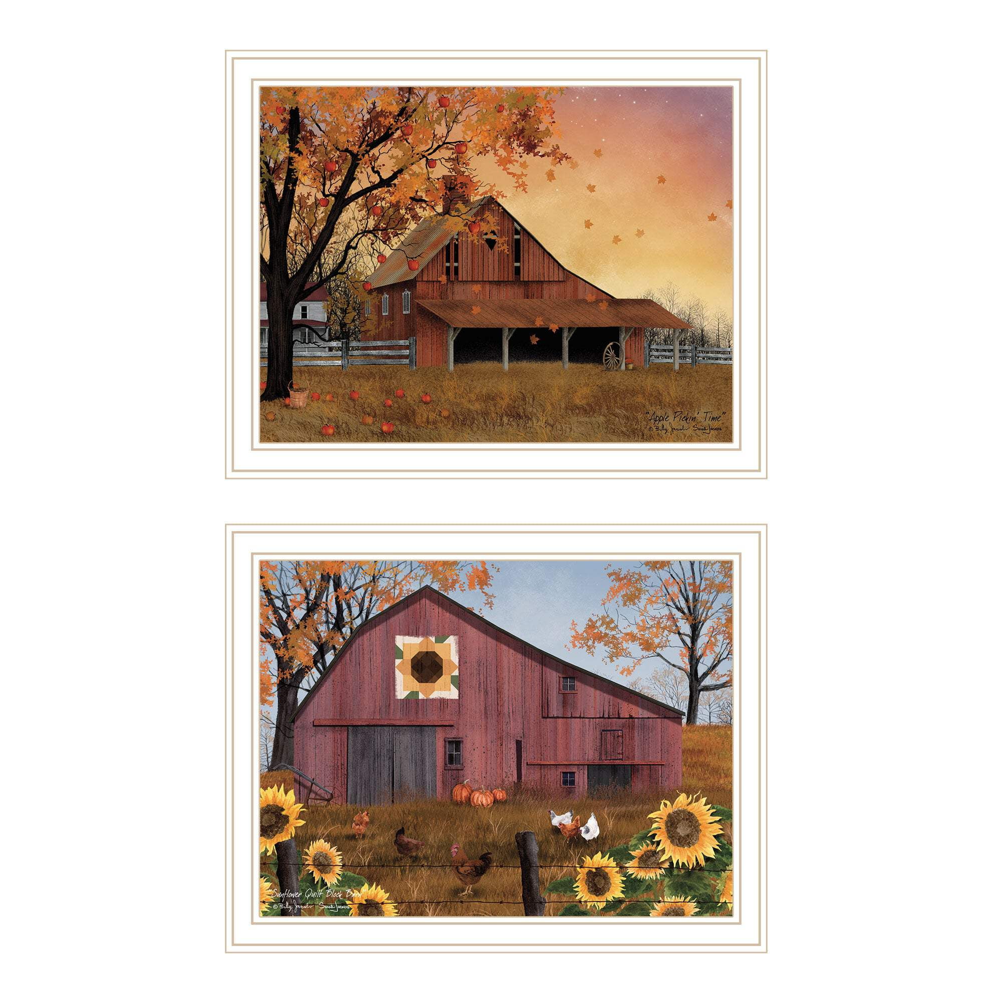 2 Piece Vignette Apple Picking Time, Sunflower Quilt Barn White Framed ...