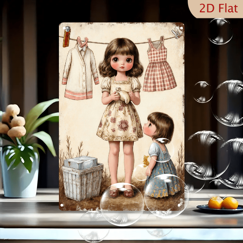 2-Piece Vintage Illustration of Two Girls Laundry Day, 8x12 Inch Metal ...