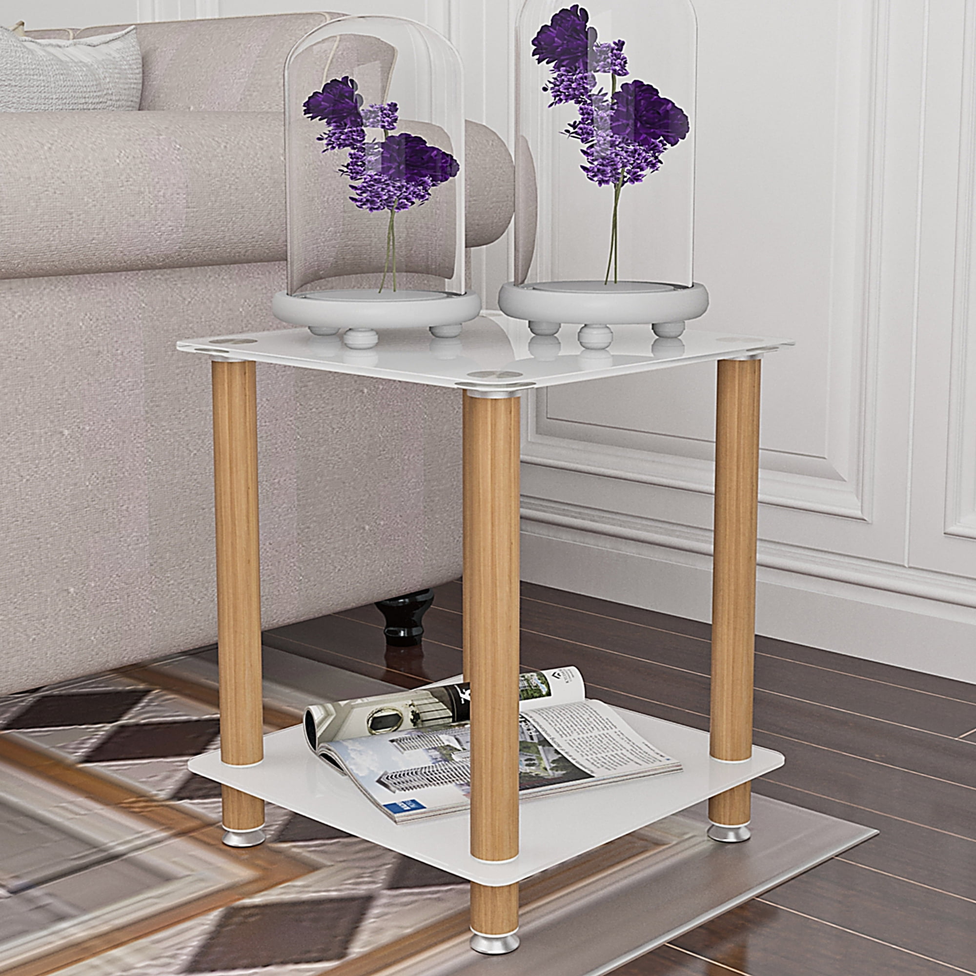 2-Piece White+Oak Side Table , 2-Tier Space End Table ,Modern Night ...