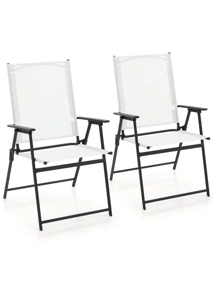 2-Piece White Patio Folding Chairs High Back Dining Arm Chairs With ...