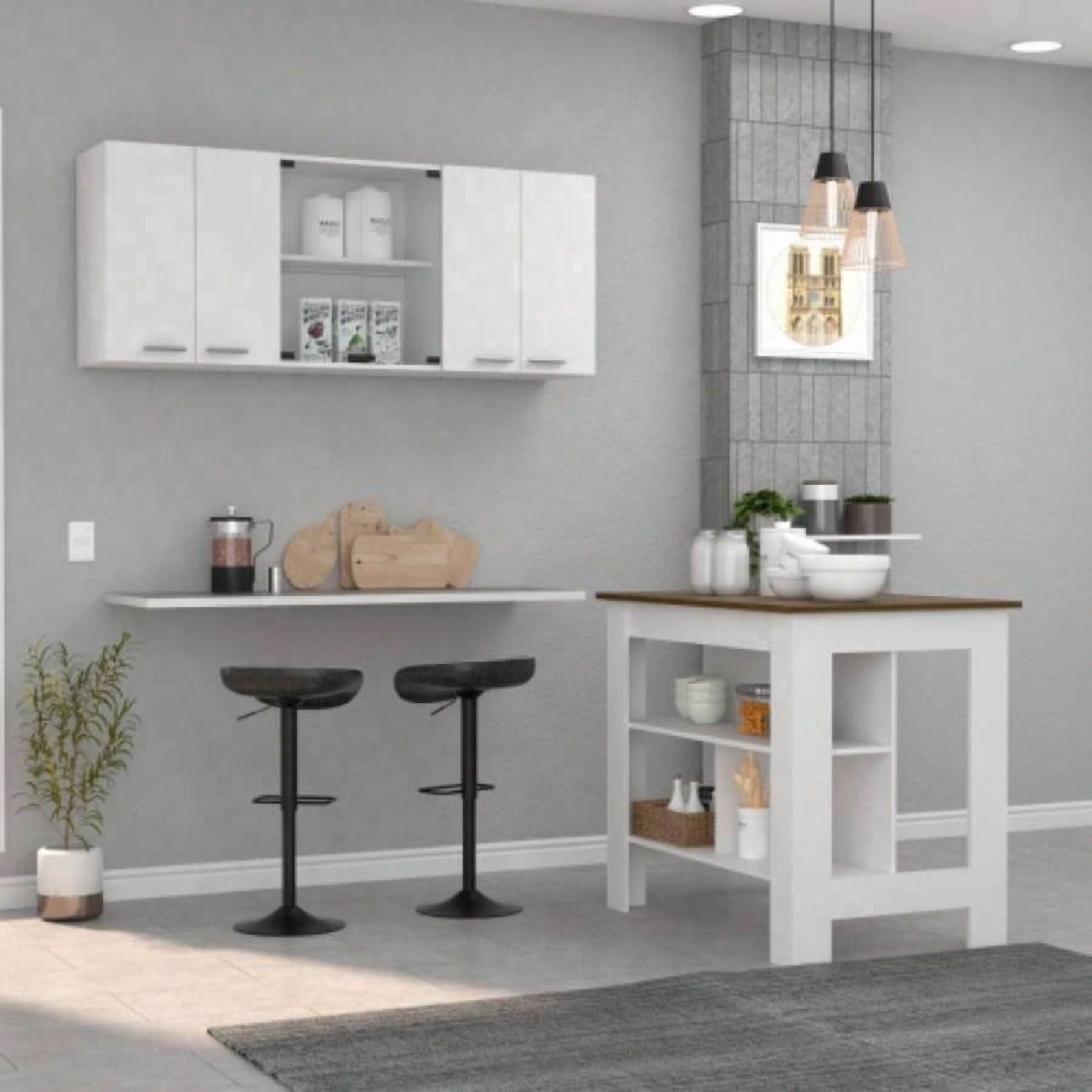 2-Piece White & Walnut Kitchen Set, Freestanding Kitchen Island + Wall ...