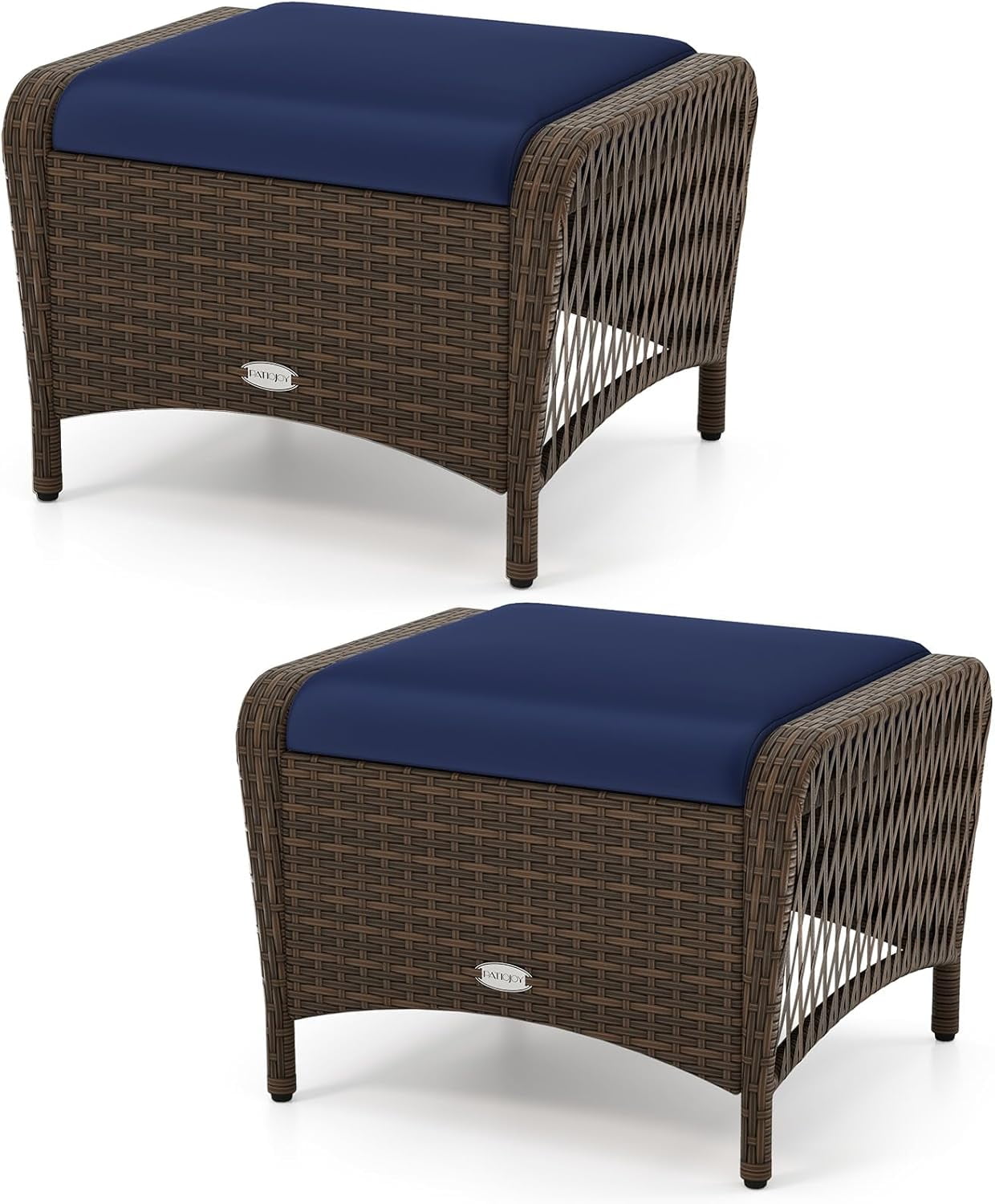 2-Piece Wicker Outdoor Ottoman - Rattan Footstools w/Removable Cushions ...