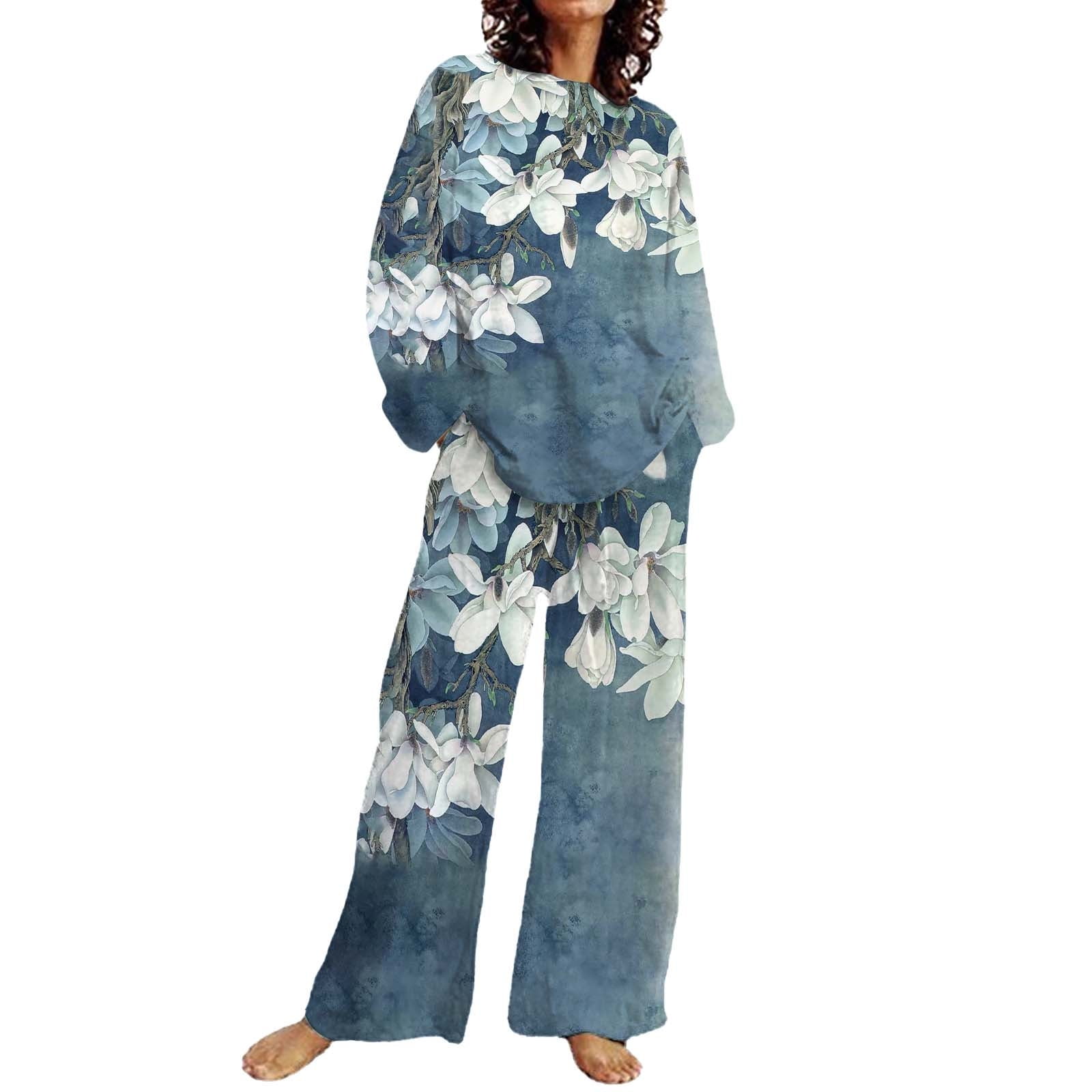 2 Piece Wide Leg Pants Set for Women Casual, Graphic Printed Loose Long ...