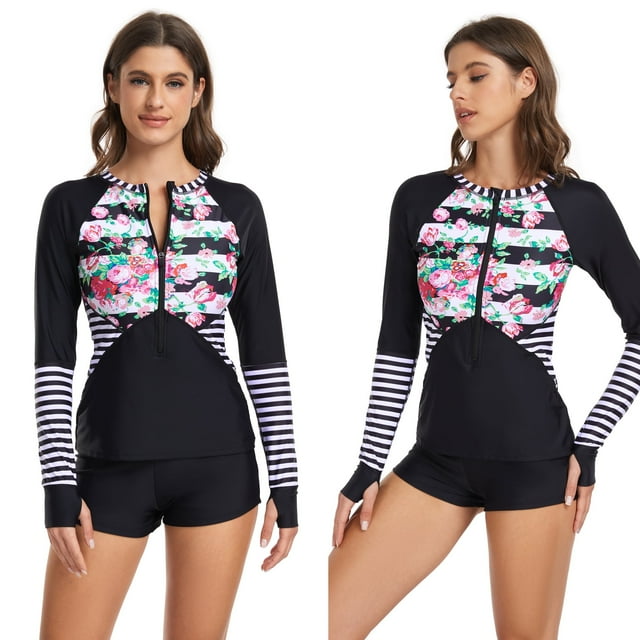 2 Piece Women Rash Guard Swimsuit Long Sleeve Bathing Suit Swim Shirt ...