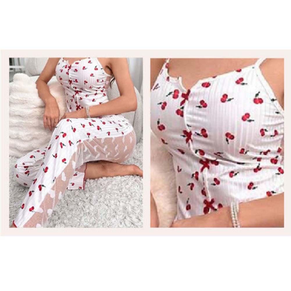 2-Piece Women Sexy Transparent Mesh Lace Set Printed Pants Home Clothes ...
