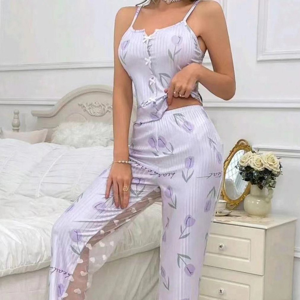 2-Piece Women Sexy Transparent Mesh Lace Set Printed Pants Home Clothes ...
