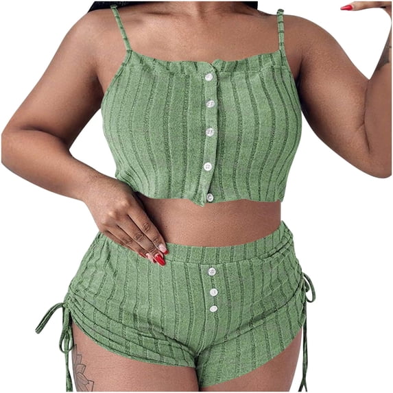2 Piece Women's Crop Knit Cami Pjs Set Summer Slim Fit Square Neck Top ...