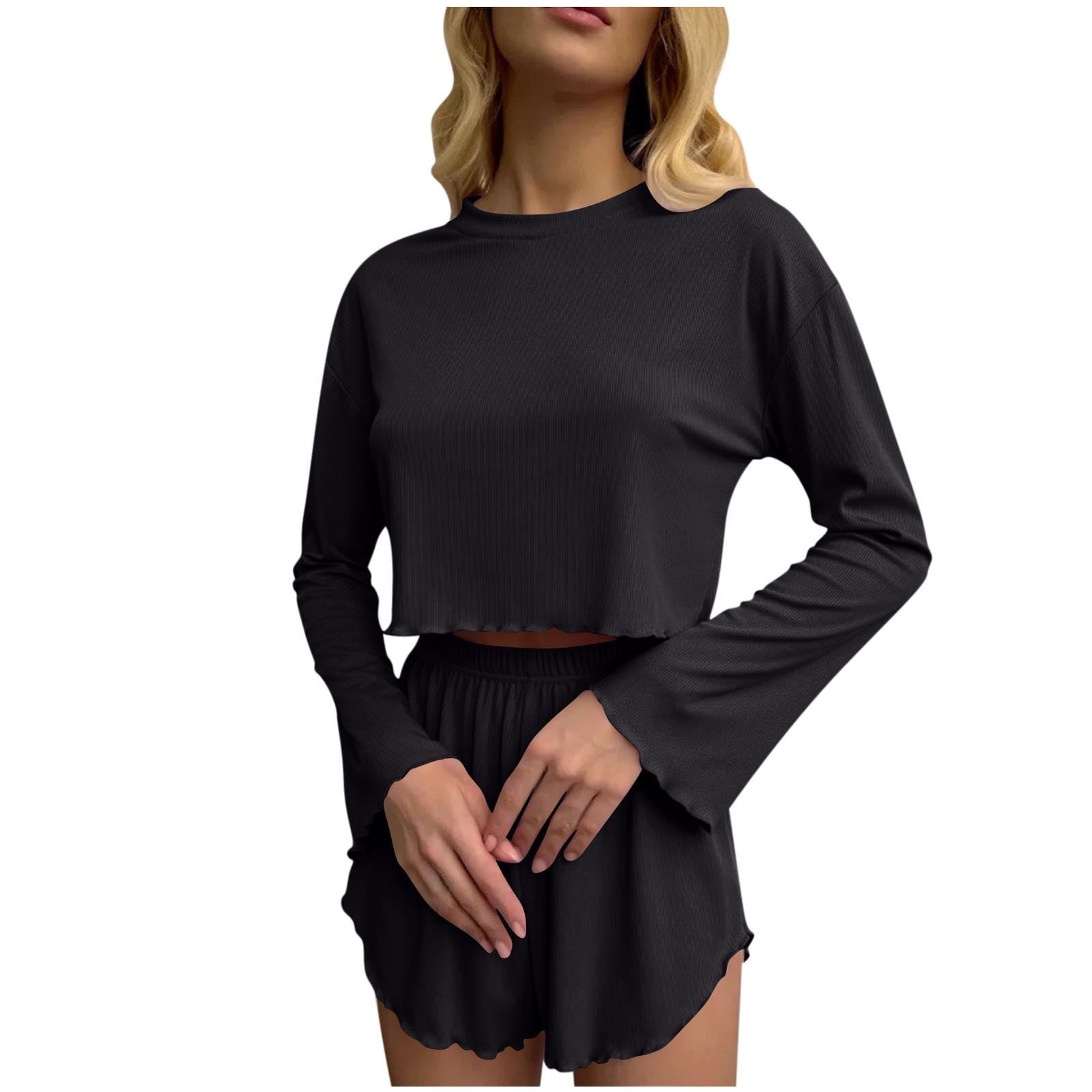 2 Piece Women's Crop Ribbed Pajamas Set Summer Long Sleeve Top and ...