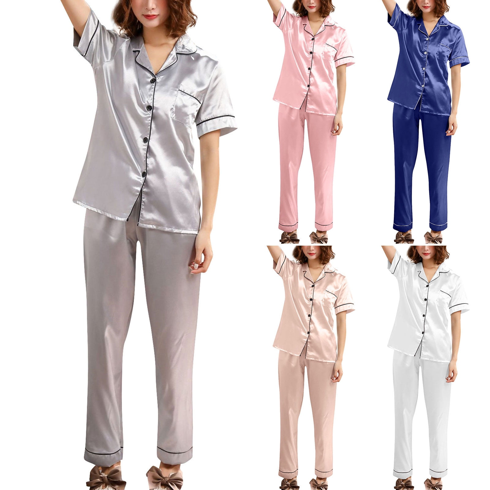 2-Piece Women's Silk Satin Pajama Set Buttoned Pajamas Short Sleeve Top ...