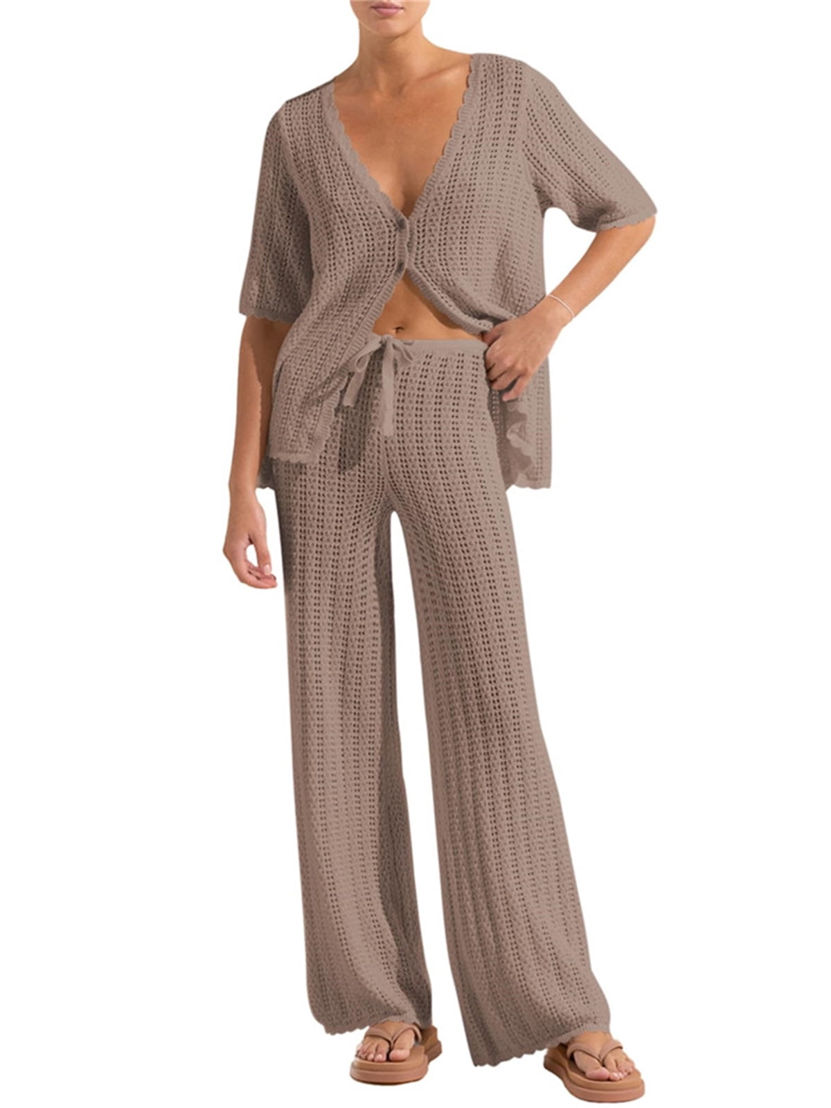 2 Piece Women's Summer Cover up Crochet Knit Cardigan Tops Long Pants ...