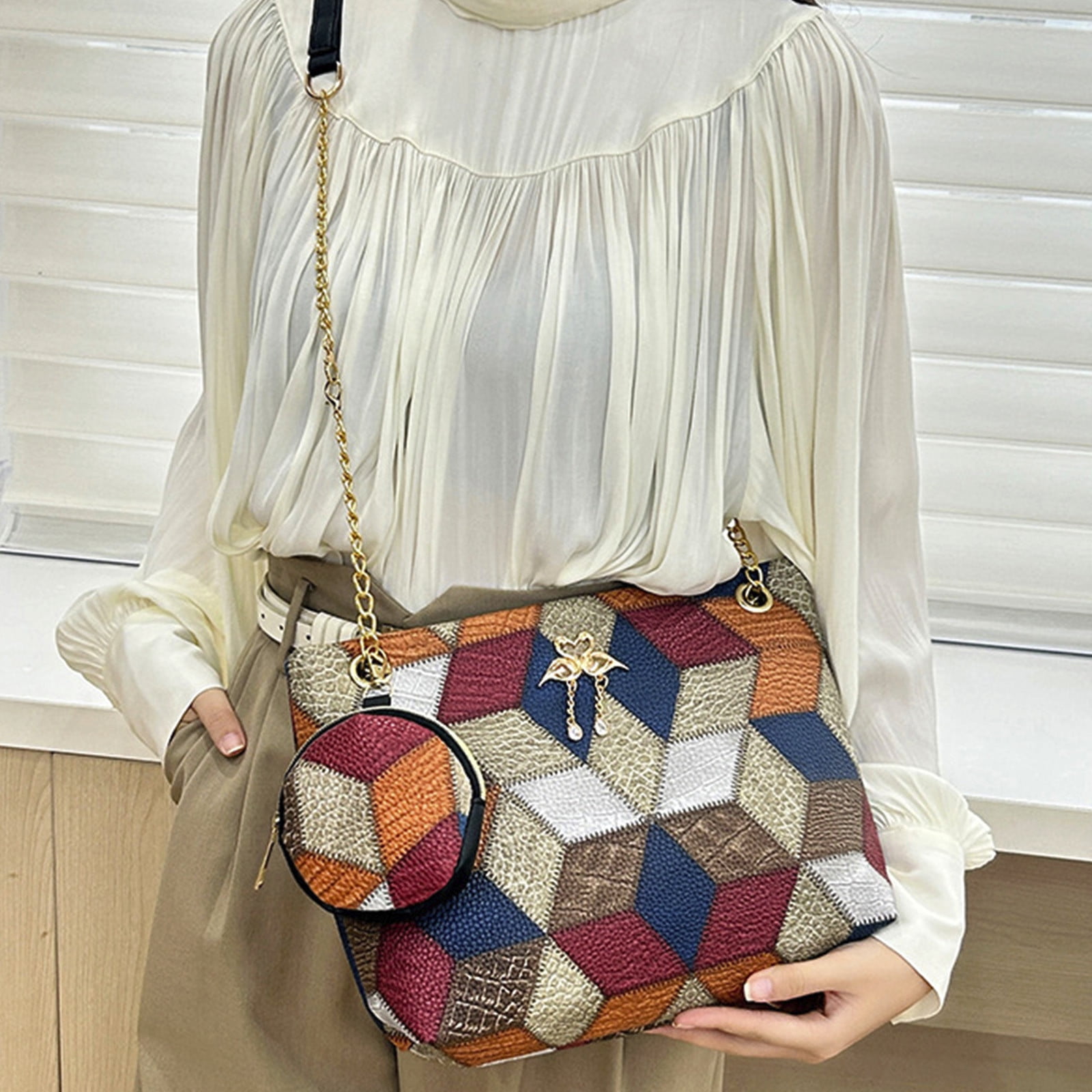 2-Piece Women's Tote Bag Set - Colorblock Shoulder Purse with Wallet ...