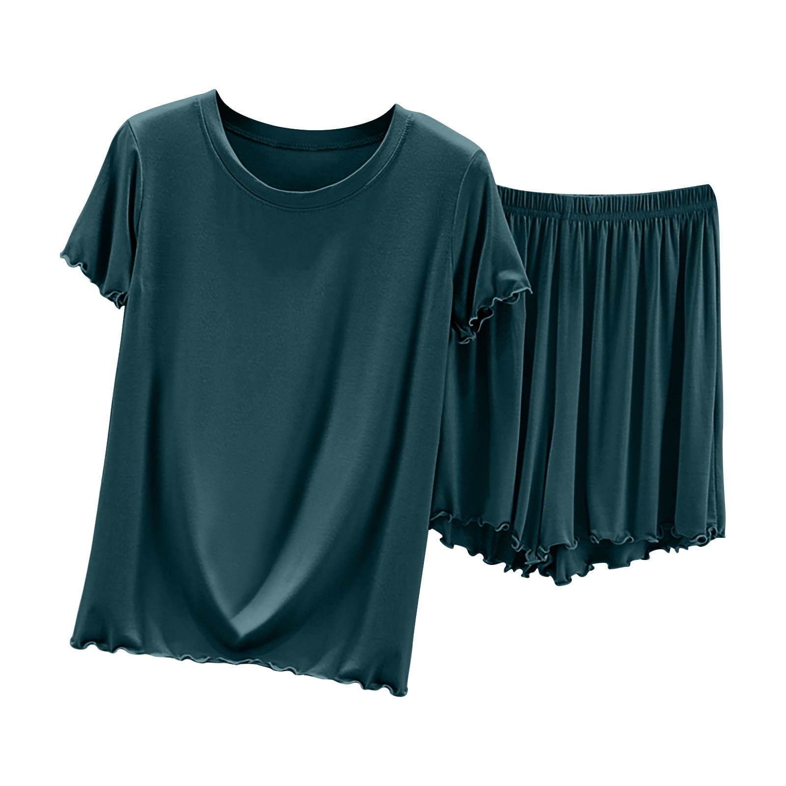 2 Piece Women's Wave Hem Pajamas Set Summer Petite Top and Elastic ...