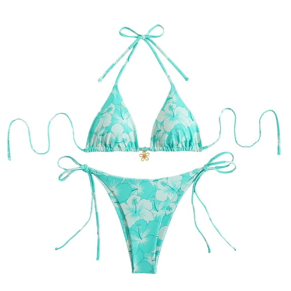 2 Piece Womens Bikini Swimsuits Halter Tie Neck Floral Print Bikini Set ...