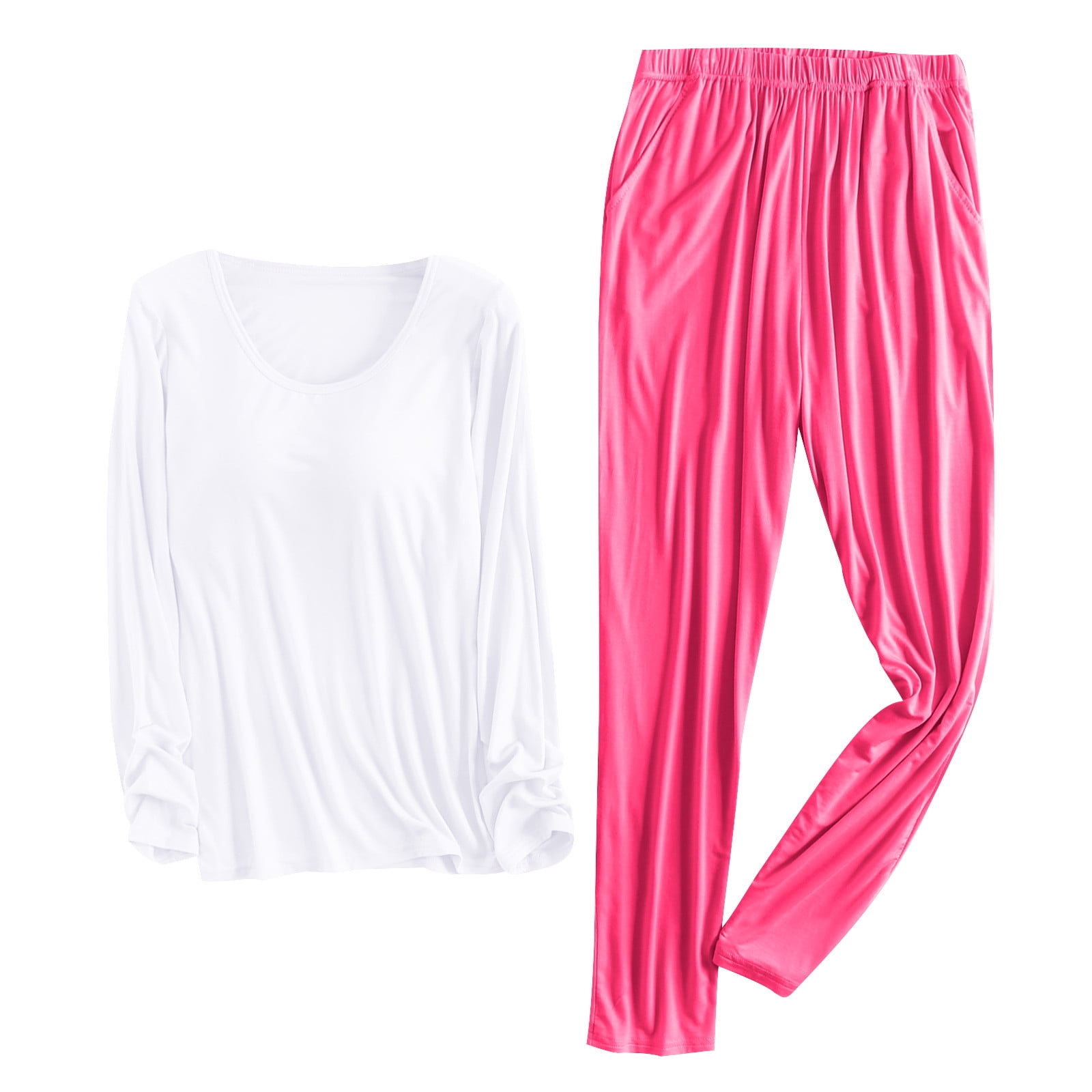 2 Piece Womens Built in Bra Pajamas Sets Soft Modal Long Sleeve V Neck ...