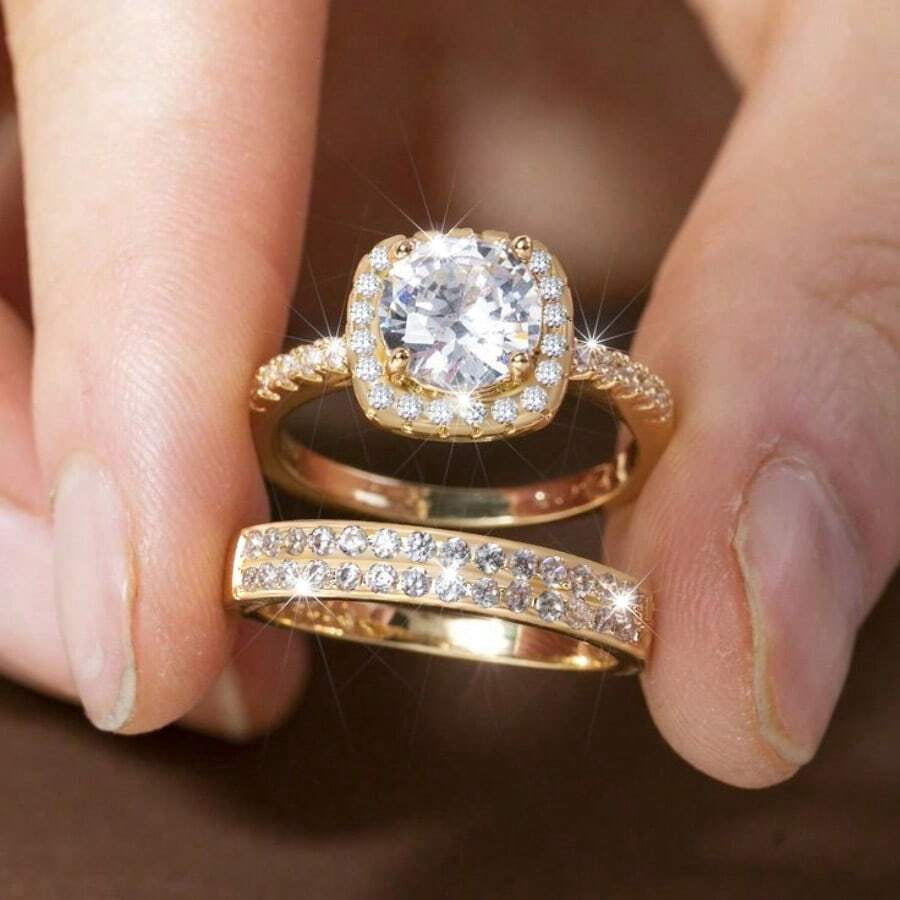 2-Piece Womens Goldtone Alloy Cubic Zirconia Engagement Ring Set ...