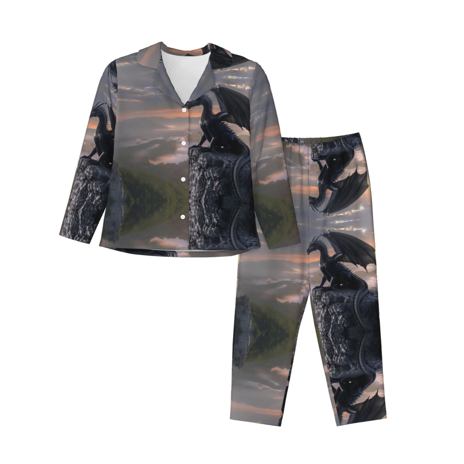 2 Piece Womens Pajama Sets - Black Dragon Cliff Dawn Soft Sleepwear ...