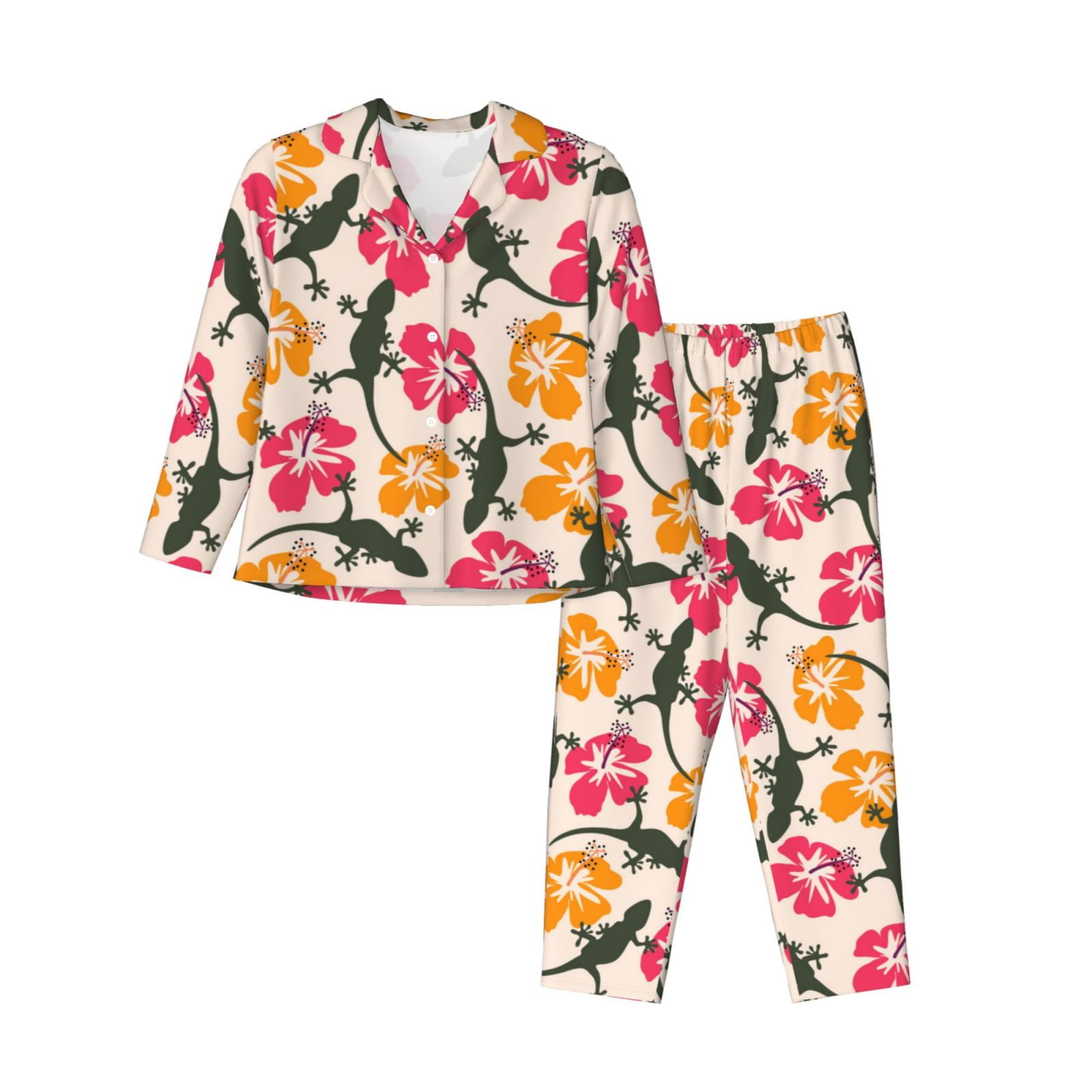 2 Piece Womens Pajama Sets - Black Gecko Lizard Flowers Soft Sleepwear ...
