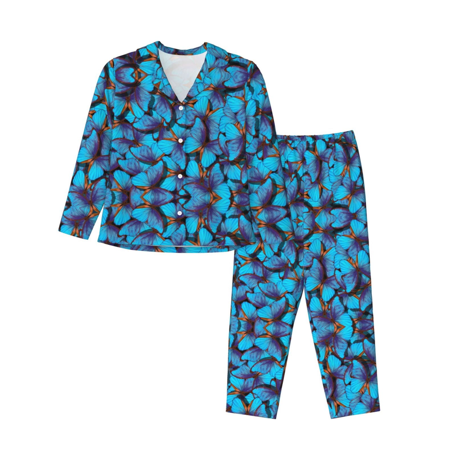 2 Piece Womens Pajama Sets - Blue Butterflies Soft Sleepwear Comfy ...
