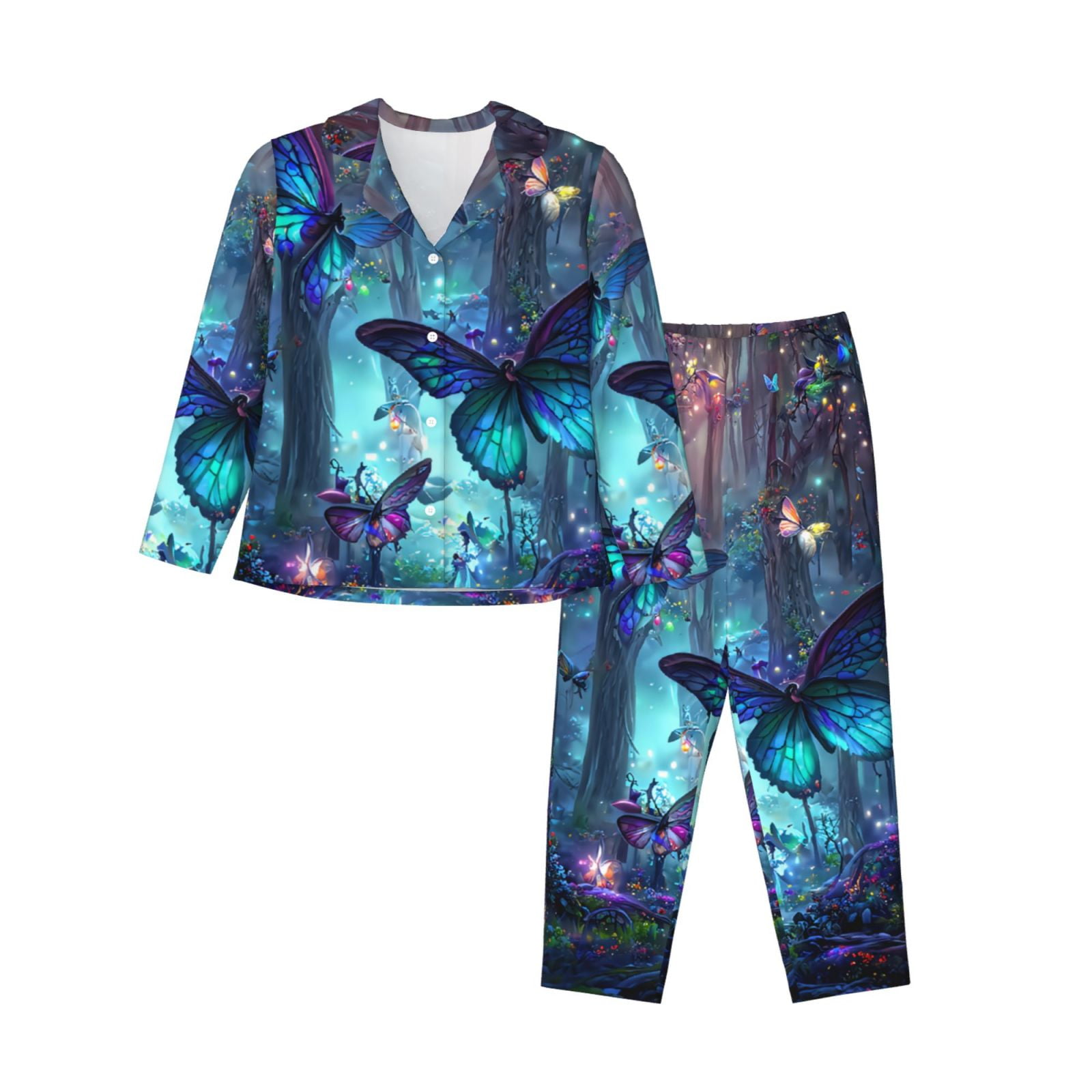 2 Piece Womens Pajama Sets - Blue Butterfly Forest Fantasy Soft ...