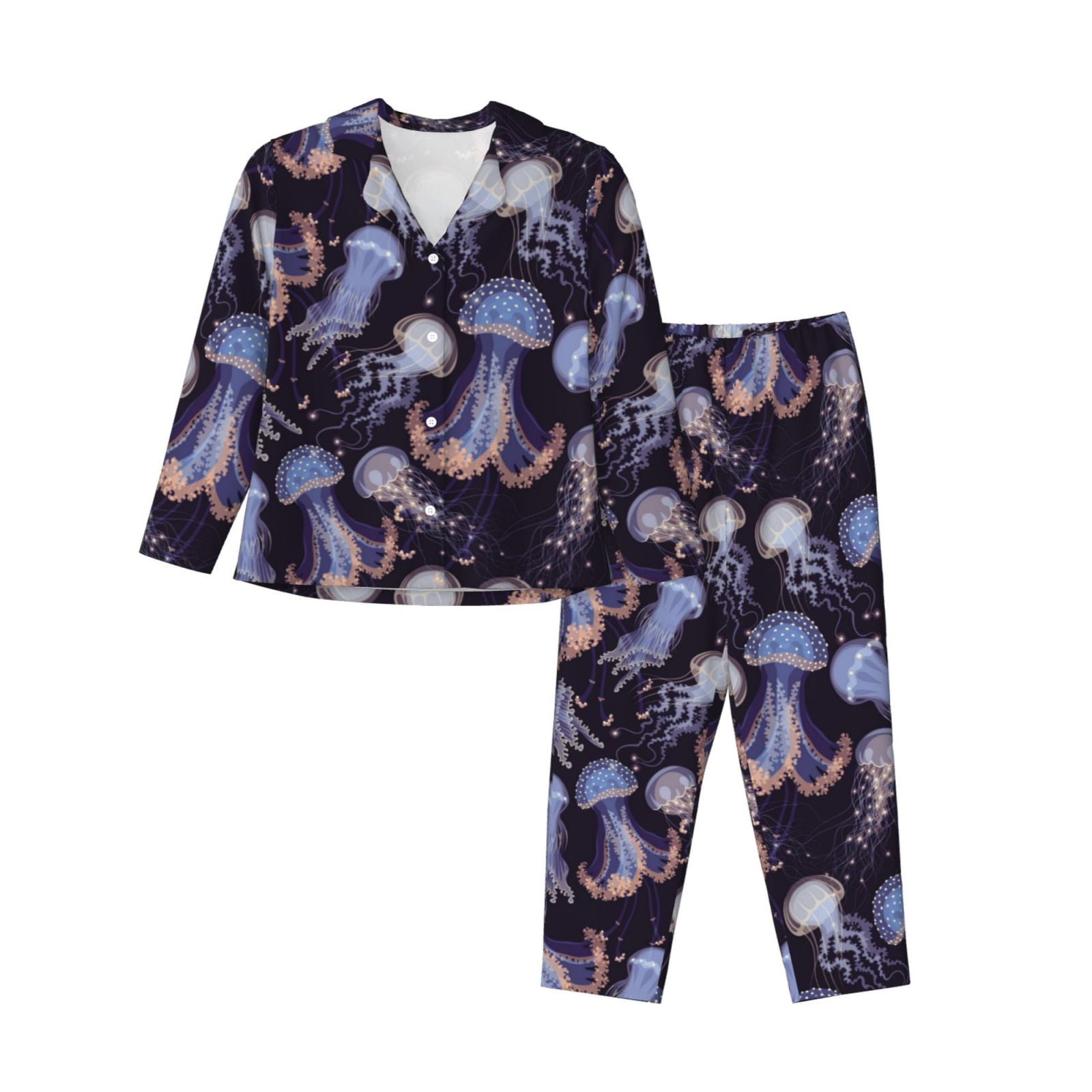 2 Piece Womens Pajama Sets - Blue Jellyfish Print Soft Sleepwear Comfy ...