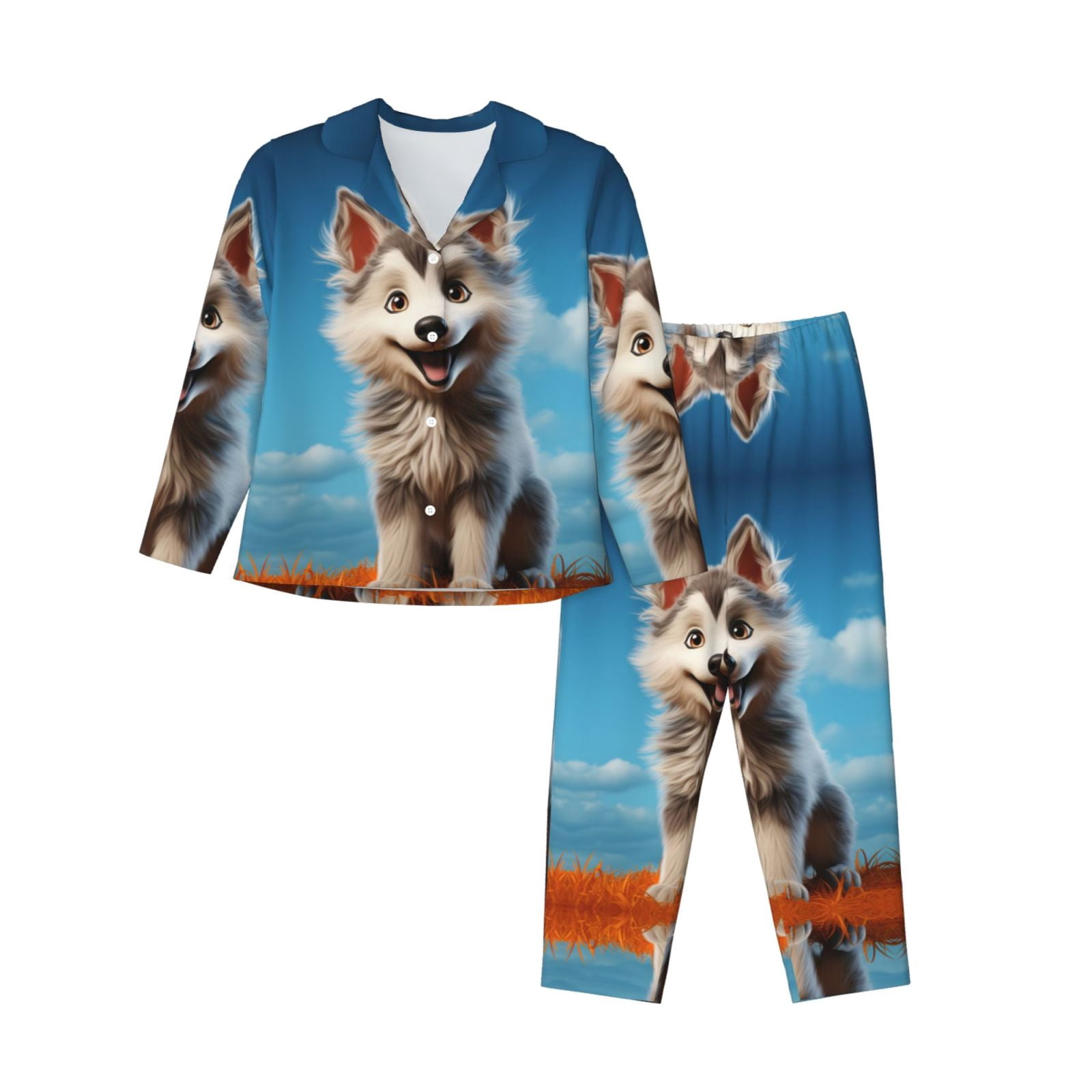 2 Piece Womens Pajama Sets - Blue Sky Cute Wolf Soft Sleepwear Comfy ...