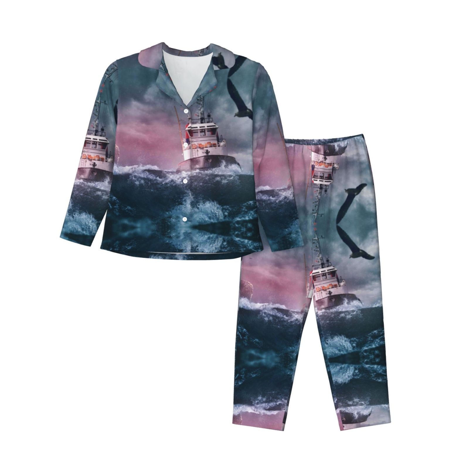 2 Piece Womens Pajama Sets - Boat Lighthouse Storm Waves Soft Sleepwear ...