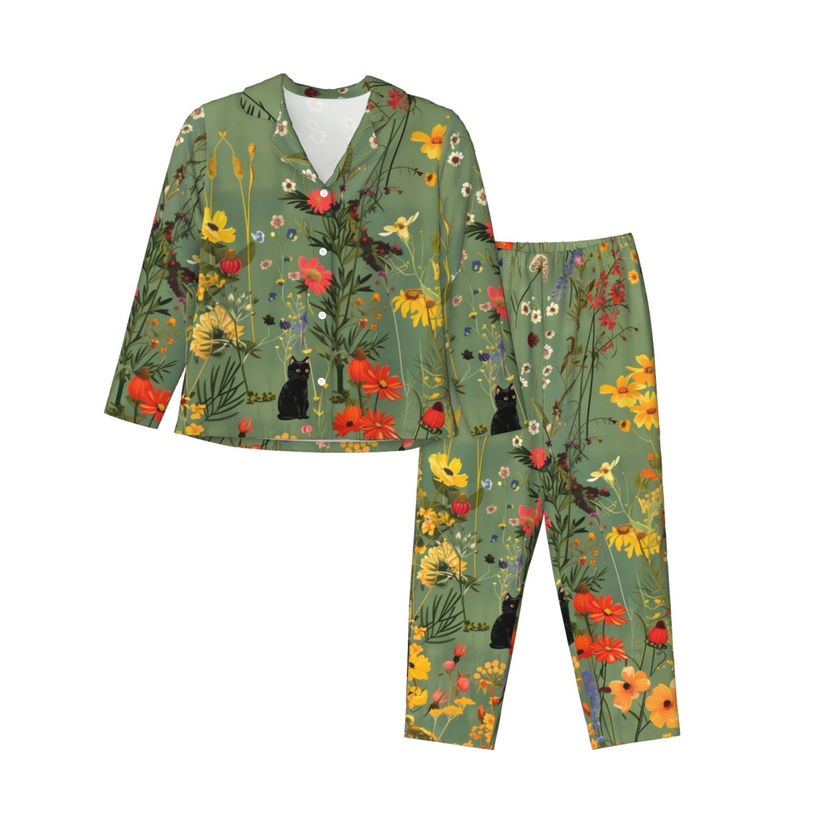 2 Piece Womens Pajama Sets - Botanical Garden With Cats Soft Sleepwear ...