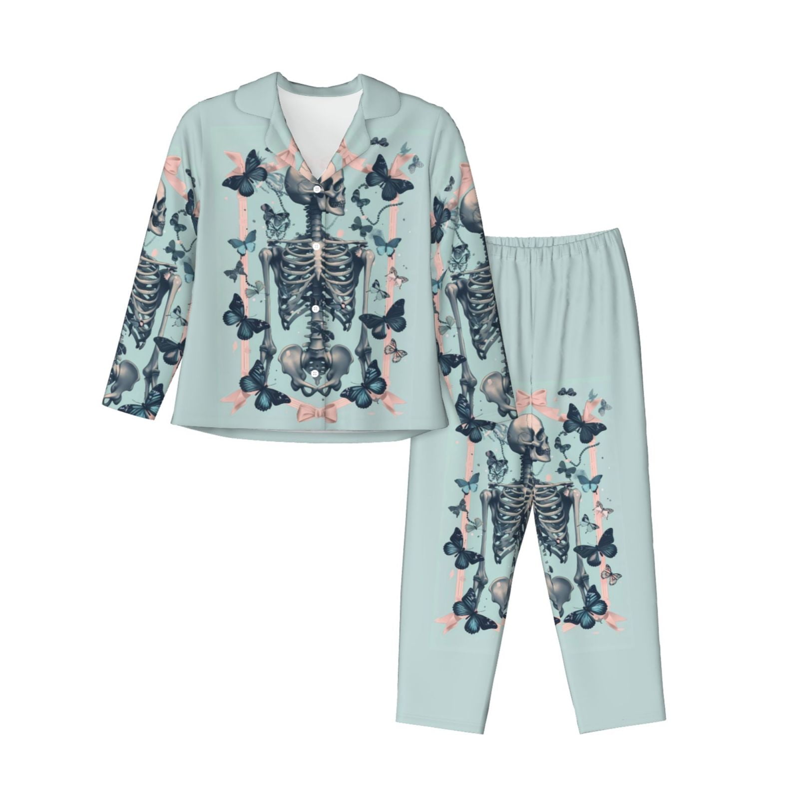 2 Piece Womens Pajama Sets - Butterflies Skull Bows Soft Sleepwear ...