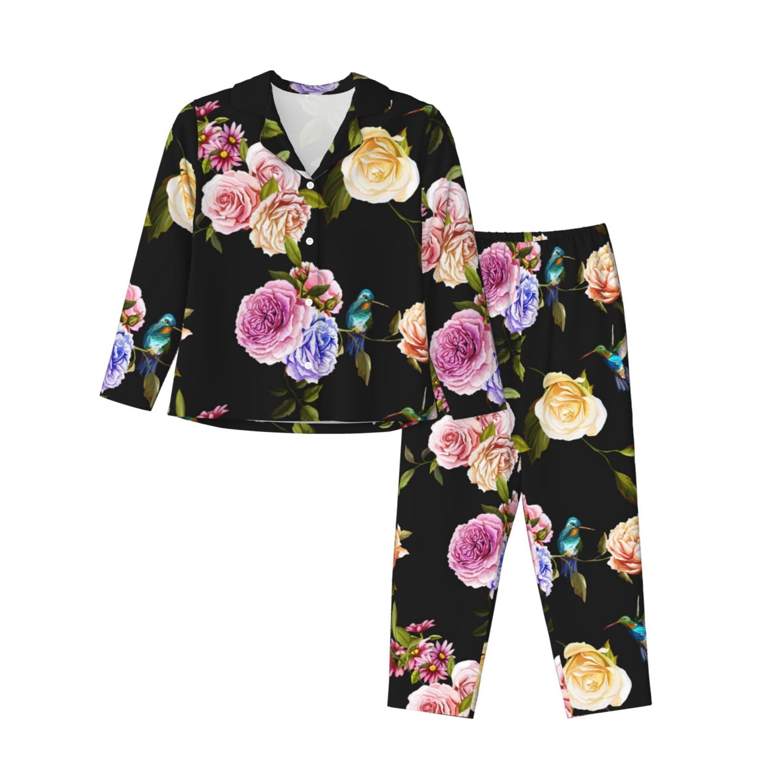 2 Piece Womens Pajama Sets - Carnation Hummingbird Black Soft Sleepwear ...