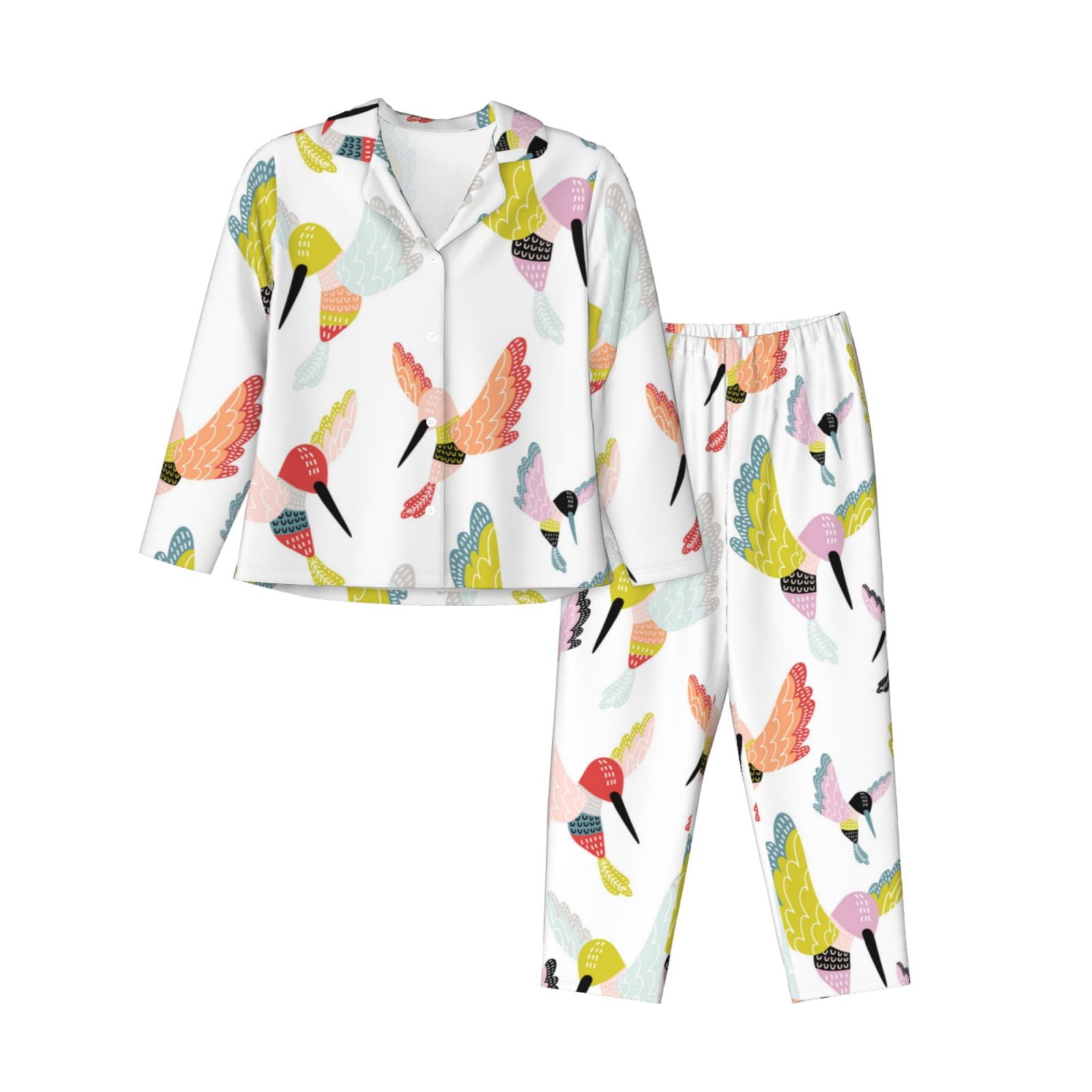 2 Piece Womens Pajama Sets - Cartoon Hummingbird Pattern Soft Sleepwear ...