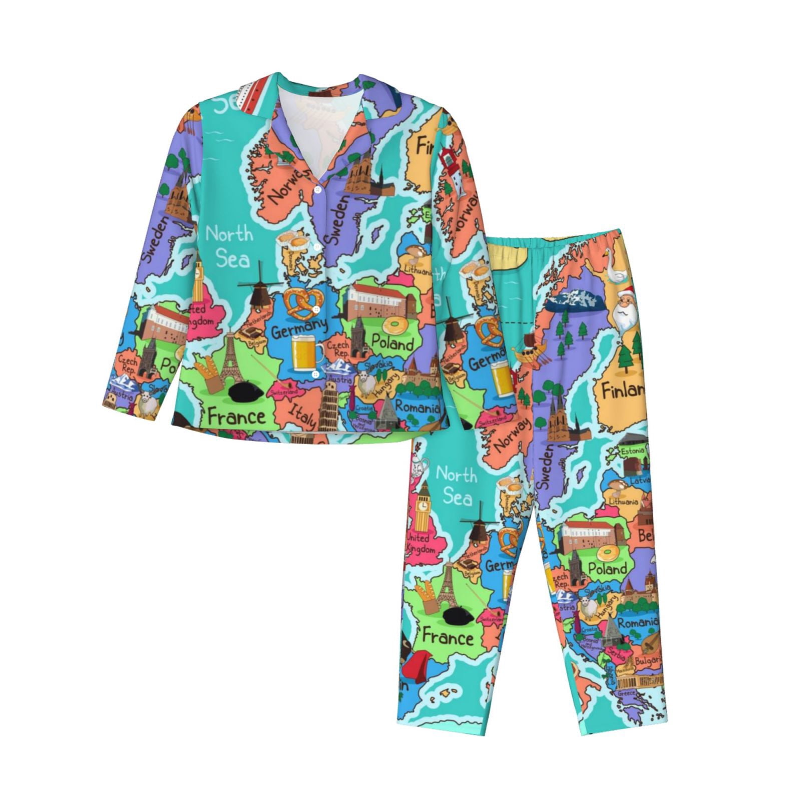 2 Piece Womens Pajama Sets - Cartoon Map Of Europe Soft Sleepwear Comfy ...