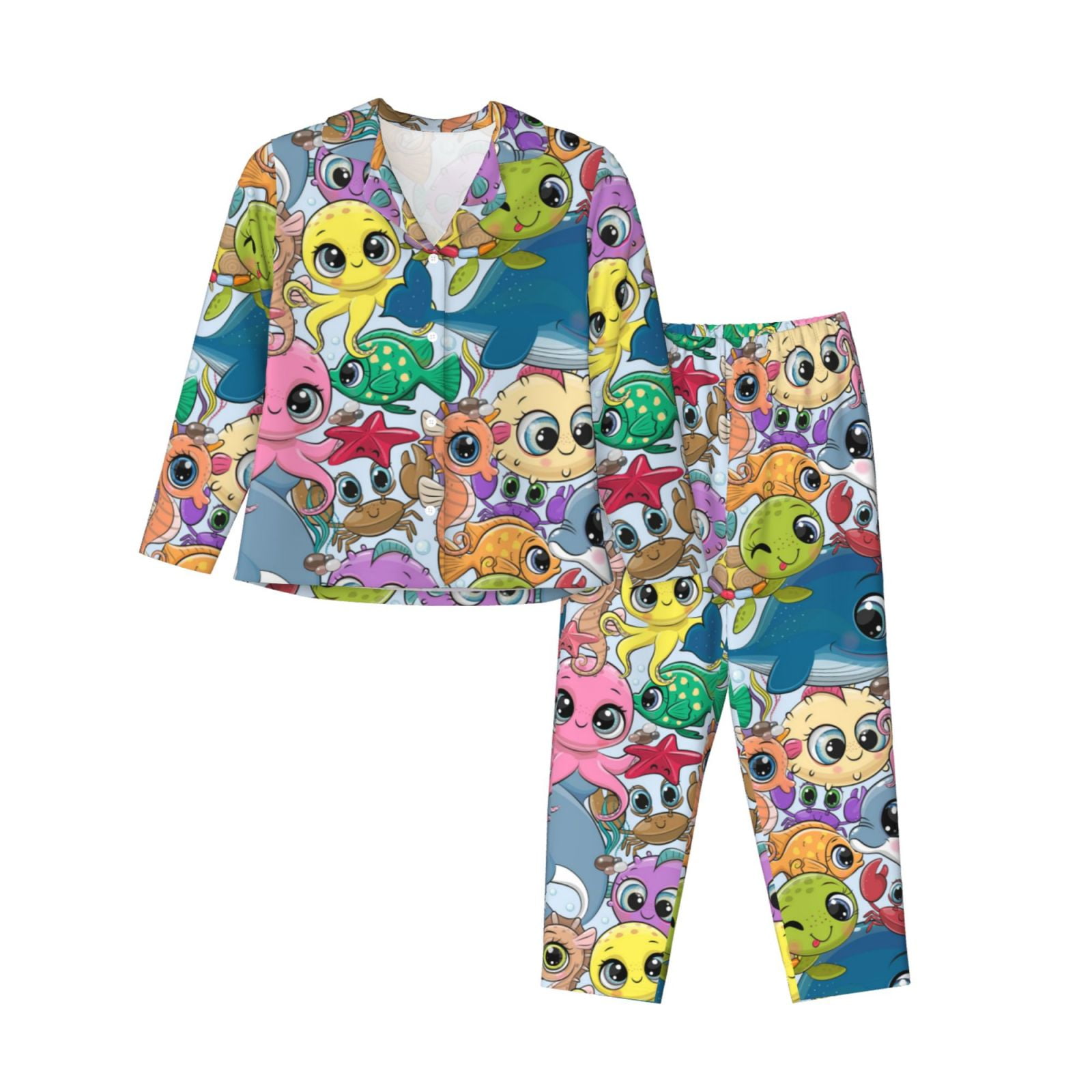 2 Piece Womens Pajama Sets - Cartoon Marine Animals Soft Sleepwear ...