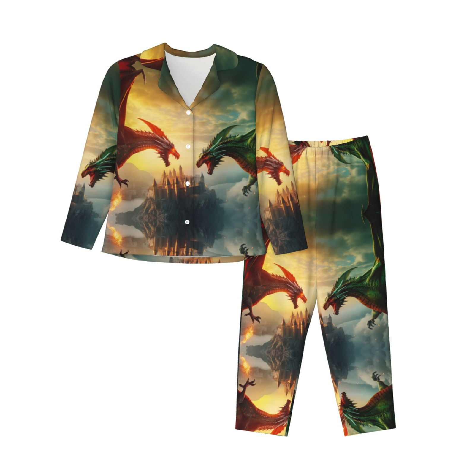 2 Piece Womens Pajama Sets - Castle Red Green Sky Dragon Soft Sleepwear ...