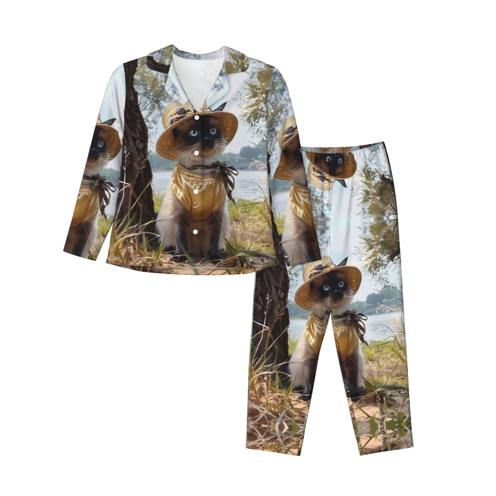 2 Piece Womens Pajama Sets - Cat In Sun Hat Soft Sleepwear Comfy ...