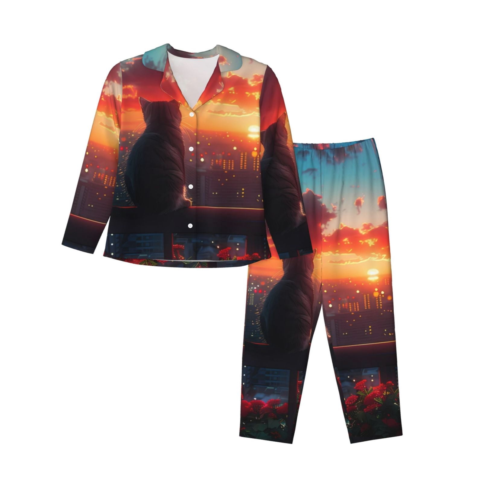 2 Piece Womens Pajama Sets - Cat Watching City Sunset Soft Sleepwear ...