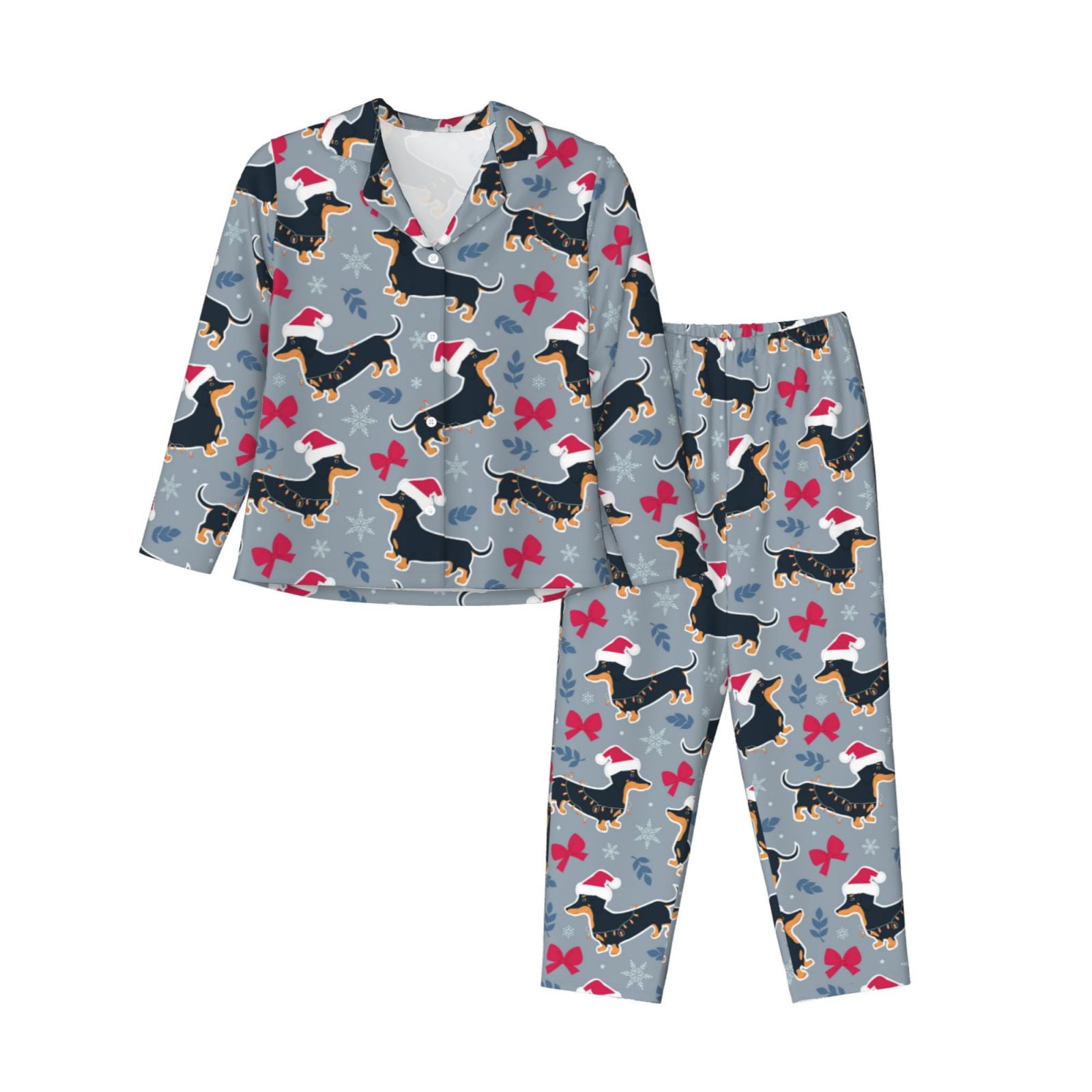 2 Piece Womens Pajama Sets - Christmas Hat Dachshund Soft Sleepwear ...