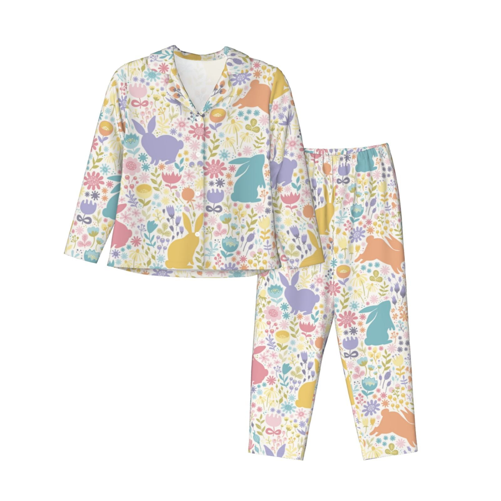 2 Piece Womens Pajama Sets - Colorful Bohemian Rabbit Flowers Soft ...