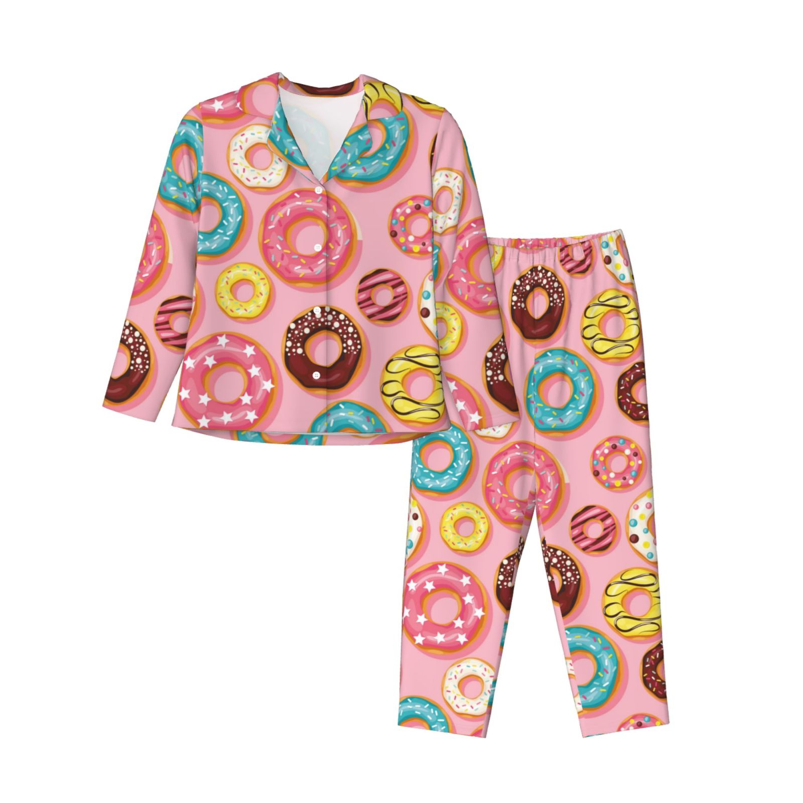 2 Piece Womens Pajama Sets - Colourful Donut Print Pink Soft Sleepwear ...