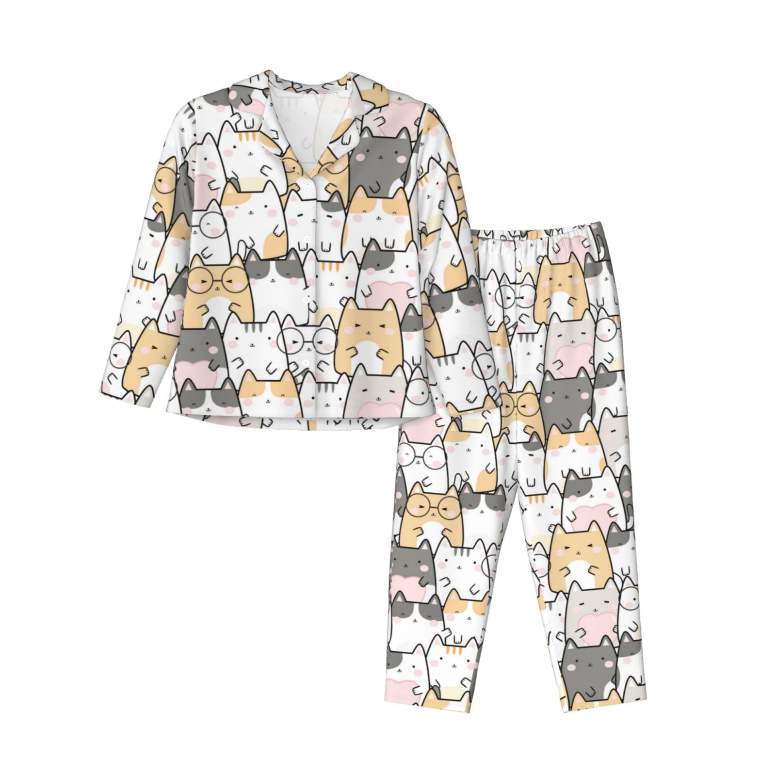 2 Piece Womens Pajama Sets - Comic Style Color Line Cartoon Cat Soft ...