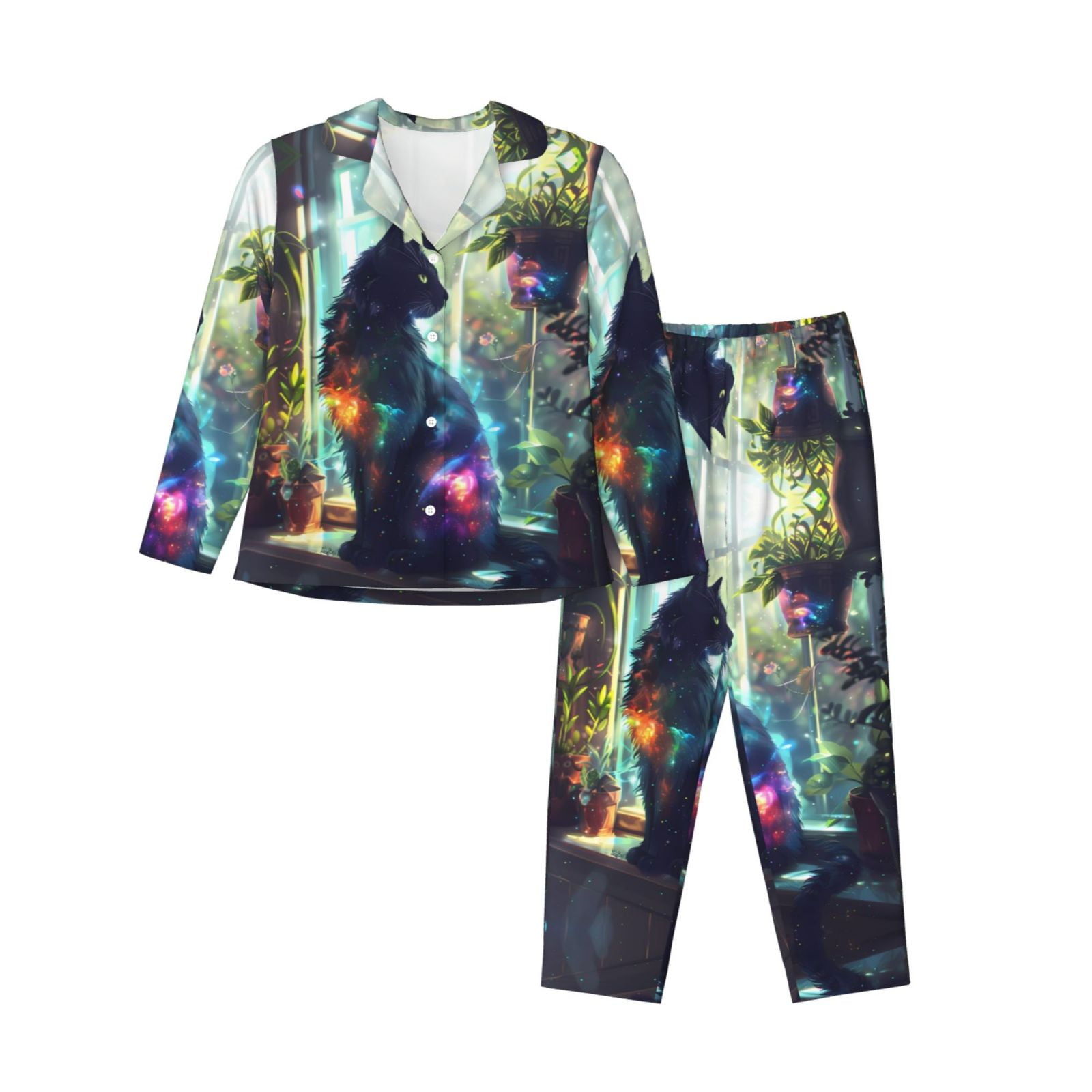 2 Piece Womens Pajama Sets - Cosmic Cat In Window Soft Sleepwear Comfy Pajamas Ladies Pj Lounge ...