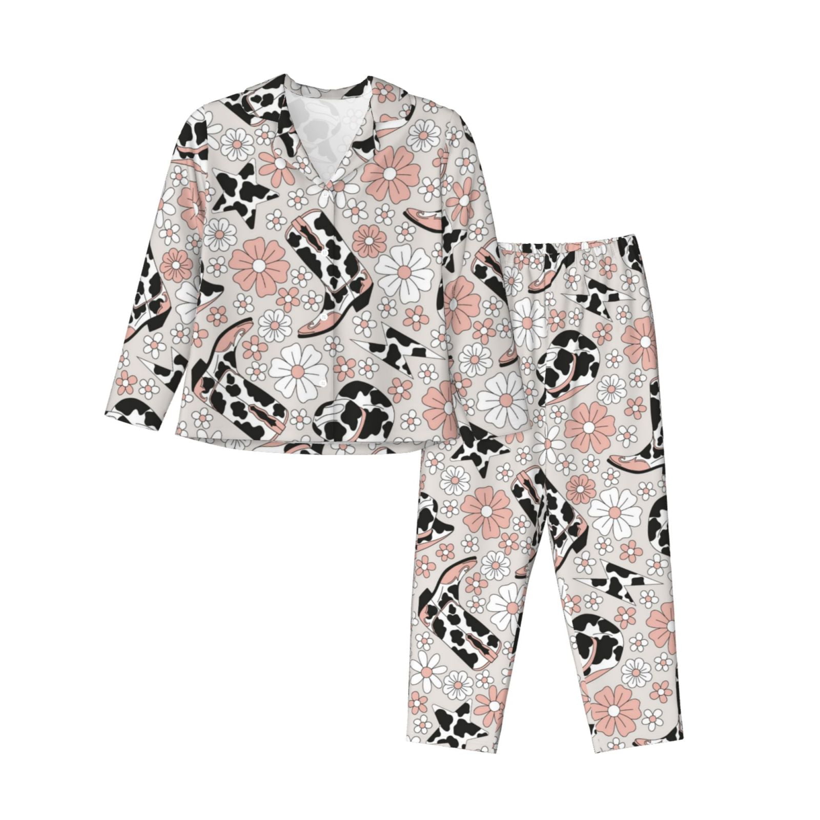2 Piece Womens Pajama Sets - Cow Print Cowboy Hat Boots Flower Soft ...