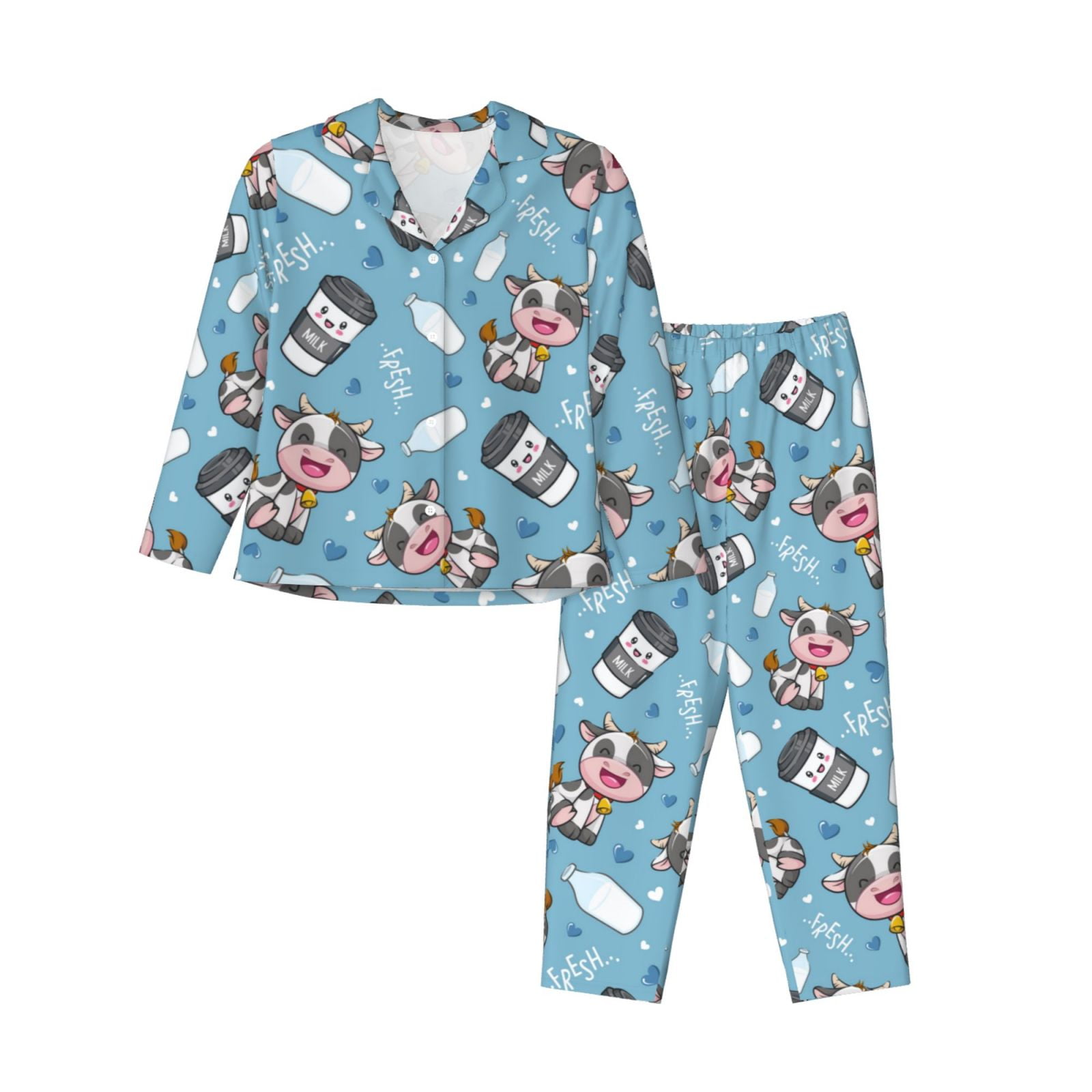 2 Piece Womens Pajama Sets - Cute Cartoon Cow Milk Blue Love Soft ...