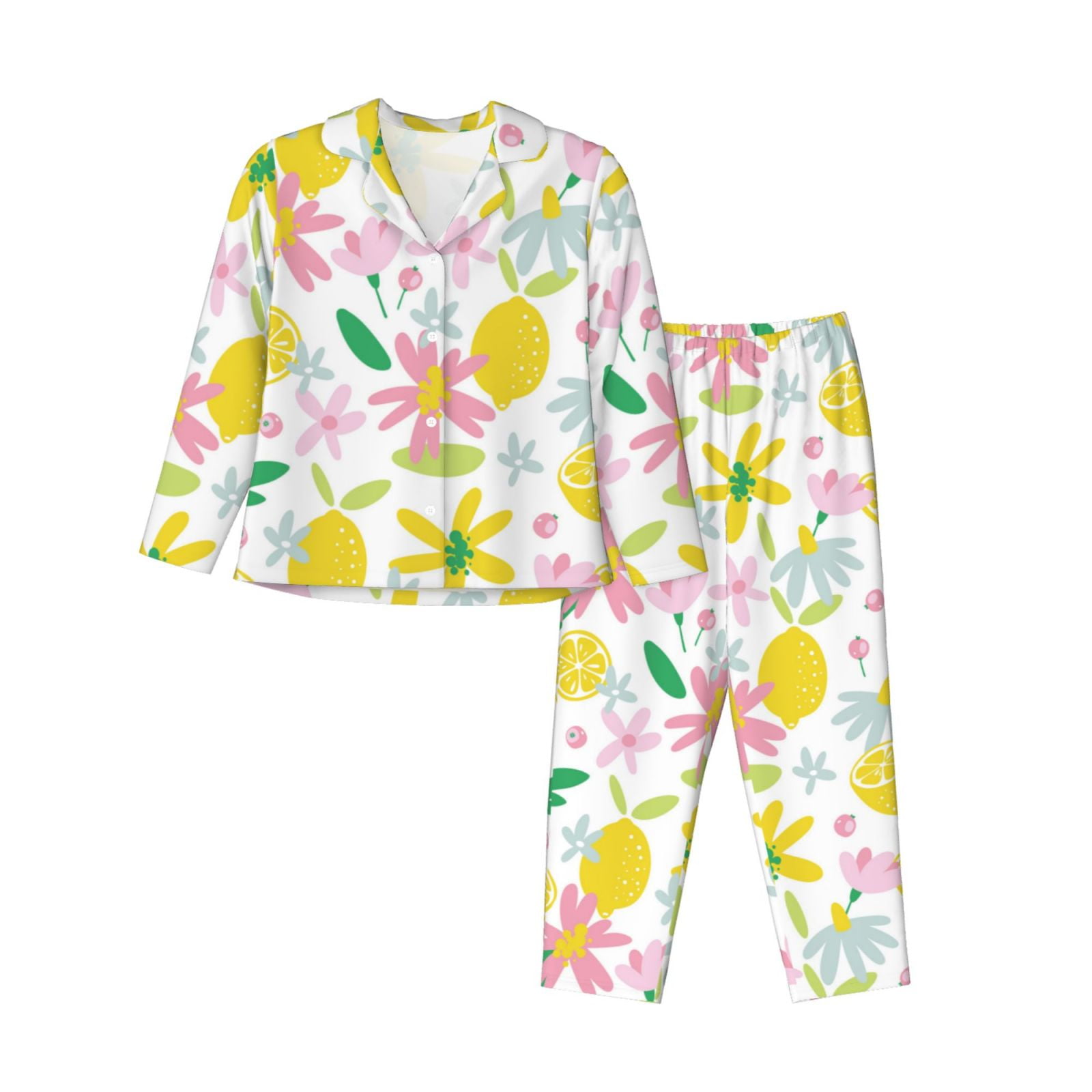 2 Piece Womens Pajama Sets - Cute Lemon Pink Flowers Soft Sleepwear ...