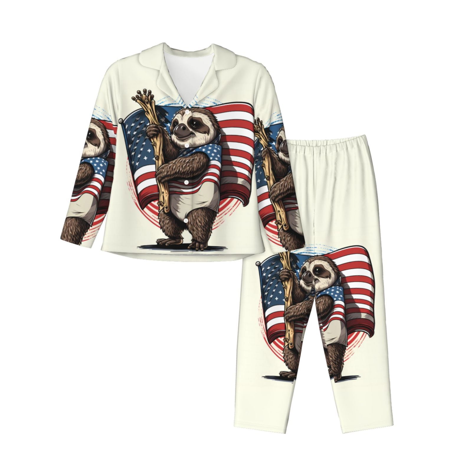 2 Piece Womens Pajama Sets - Cute Sloth American Flag Soft Sleepwear ...