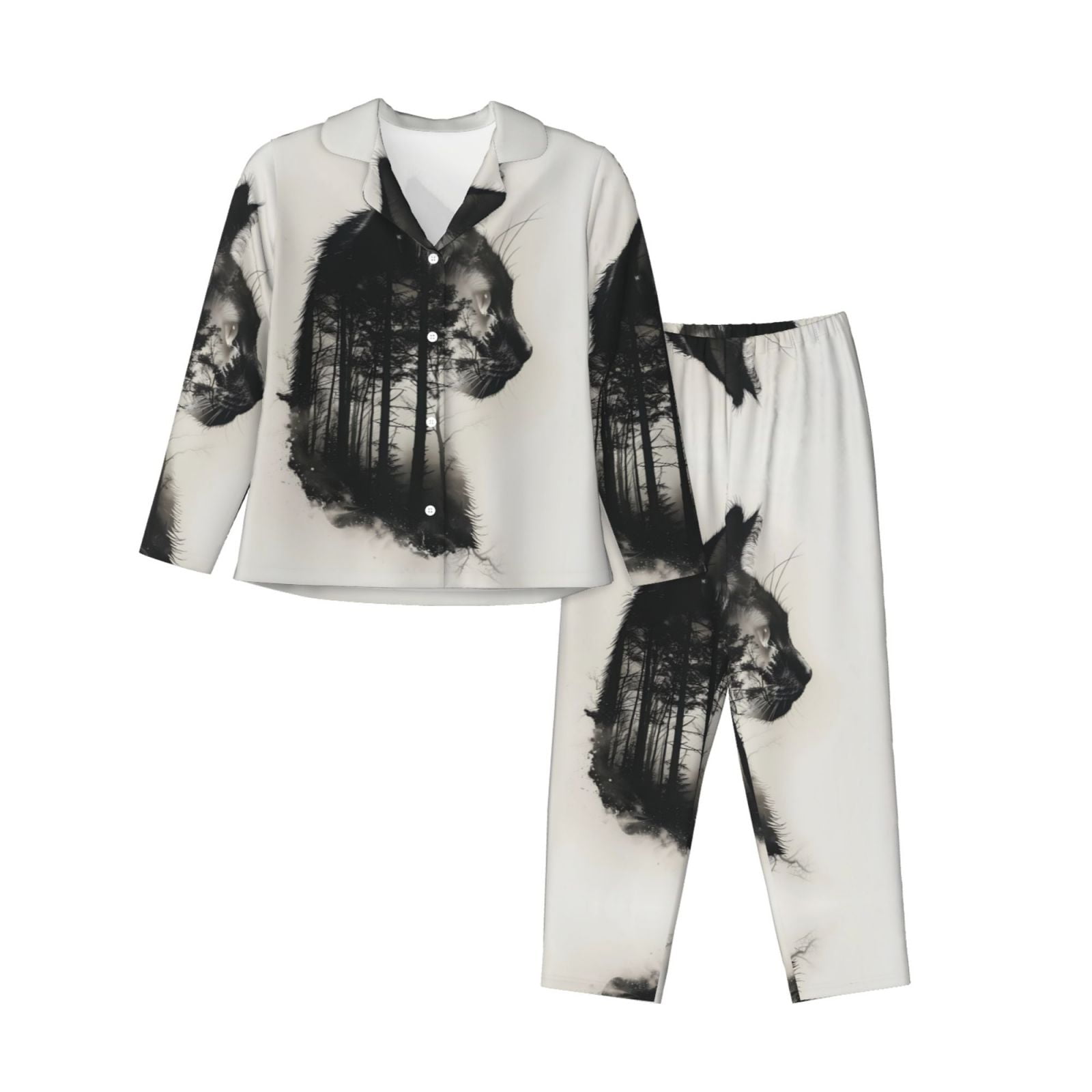 2 Piece Womens Pajama Sets - Double Exposure Cat Forest Soft Sleepwear ...