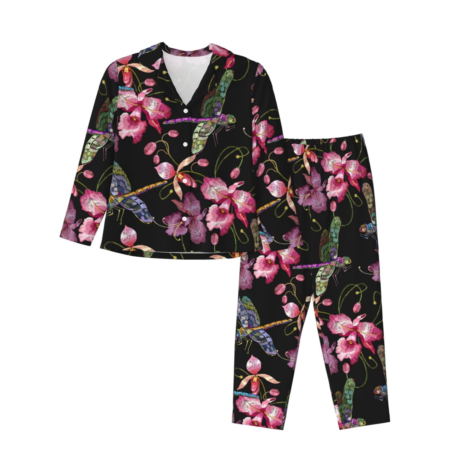 2 Piece Womens Pajama Sets - Dragonfly Pink Flower Soft Sleepwear Comfy ...