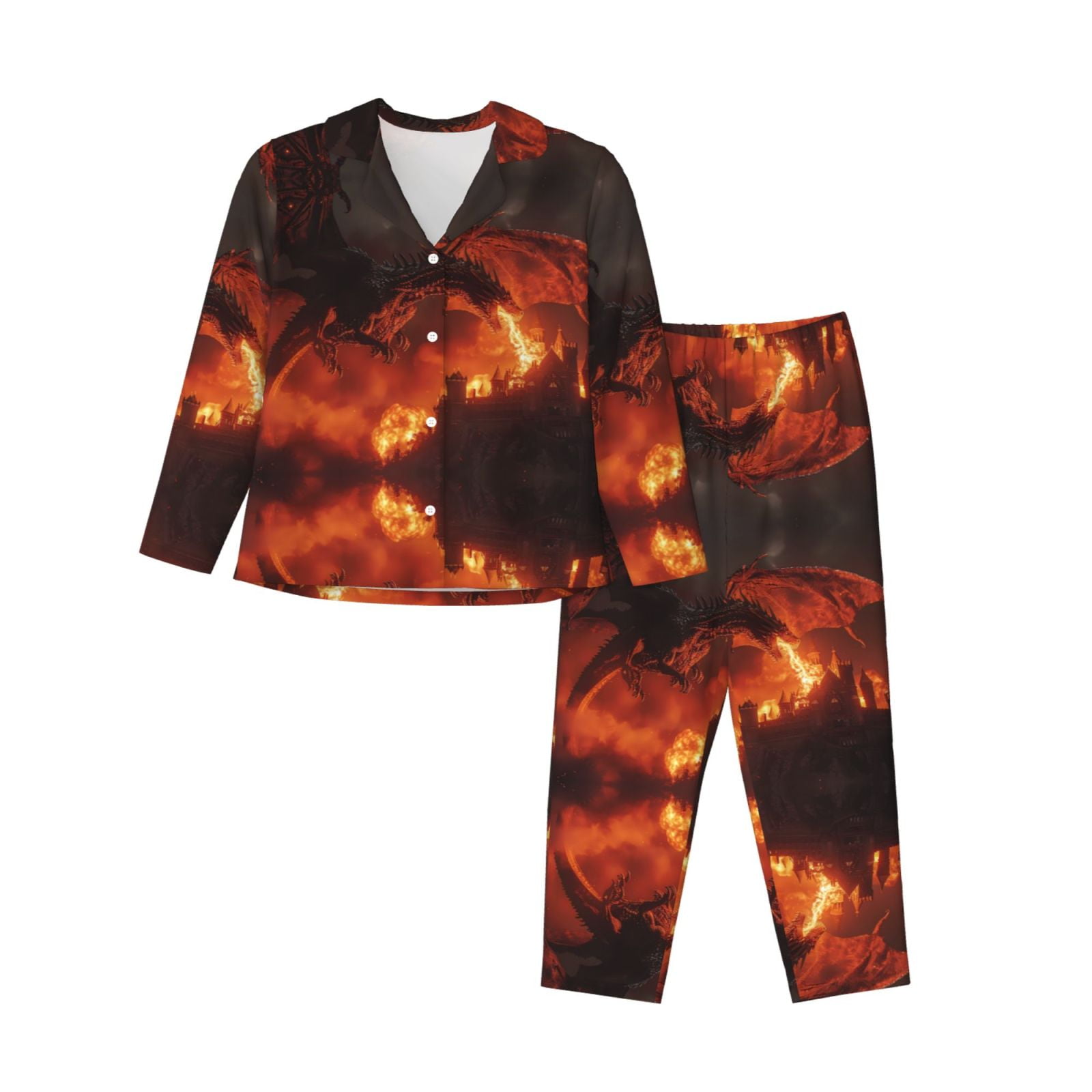 2 Piece Womens Pajama Sets - Fiery Dragons Castle Attack Soft Sleepwear ...